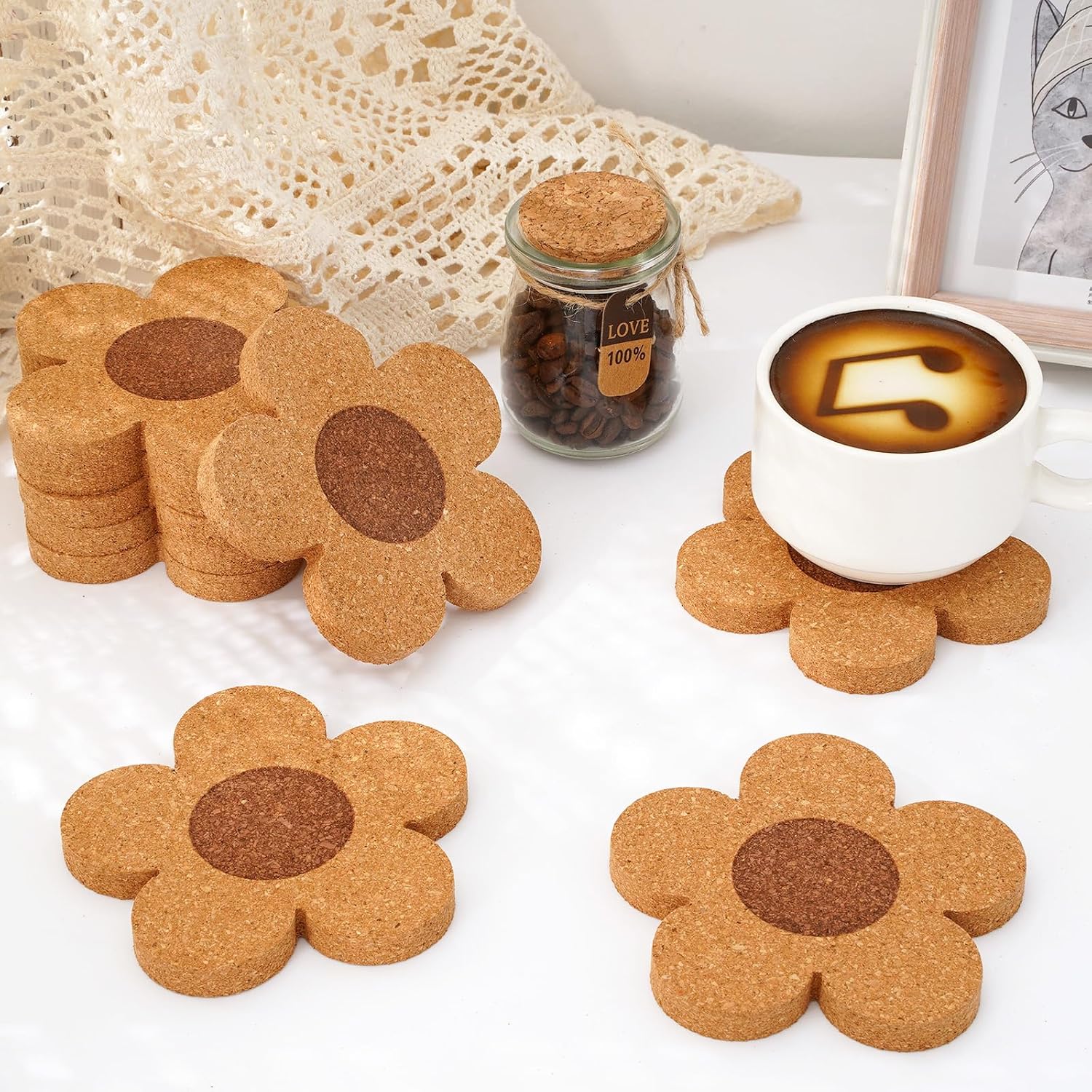 Amazon.com: Whaline 12Pcs Flower Cork Coaster Set 4 Inch Thick Cork ...