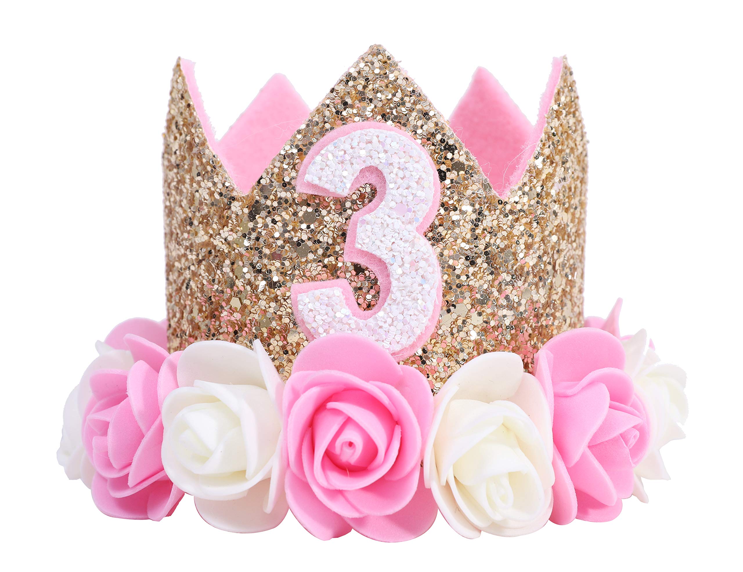 Buy Pink and Gold Crown for 3rd Birthday Party - Flowers Birthday Crown ...