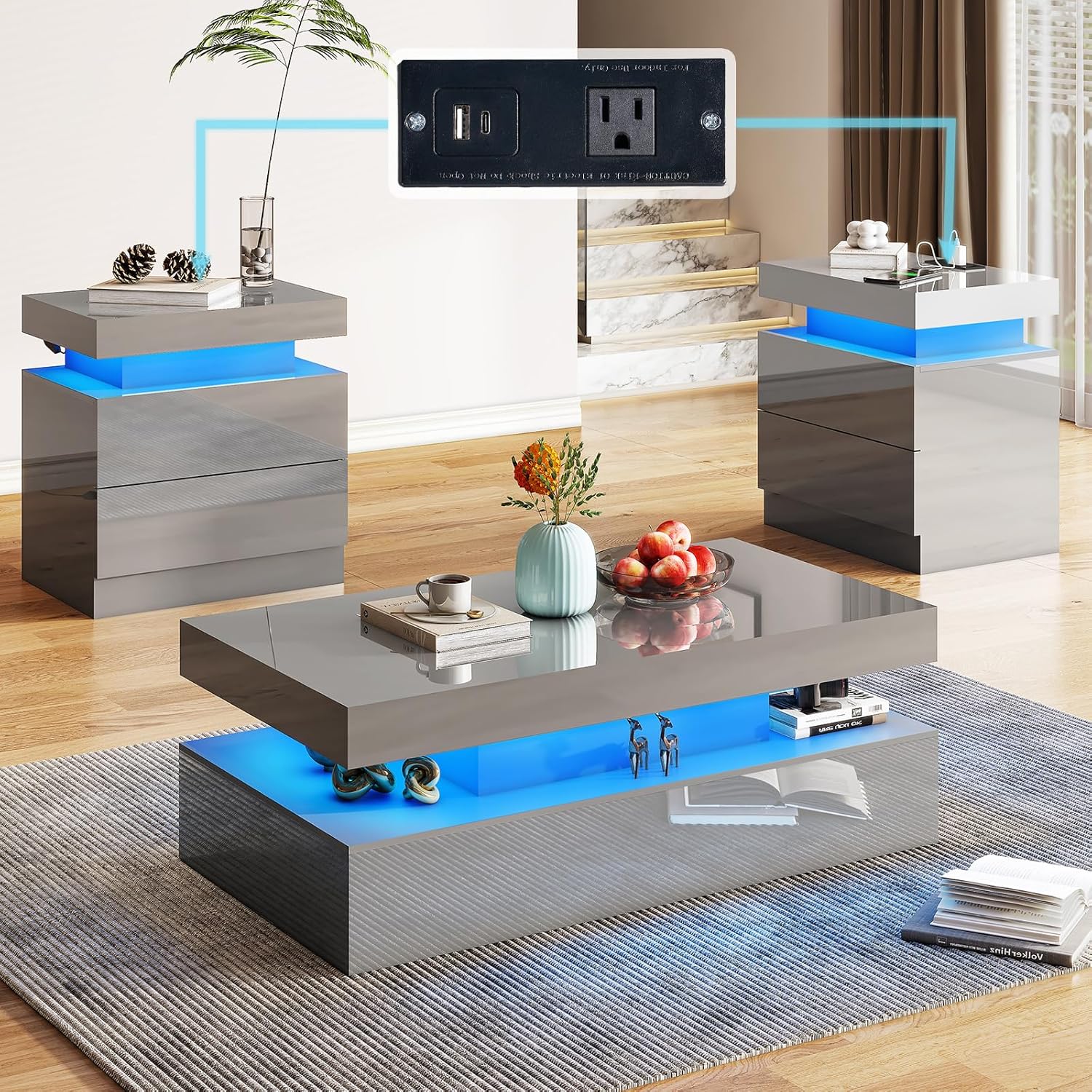 Amazon.com: AMERLIFE High Gloss 3 Pieces Living Room Table Set, Modern ...