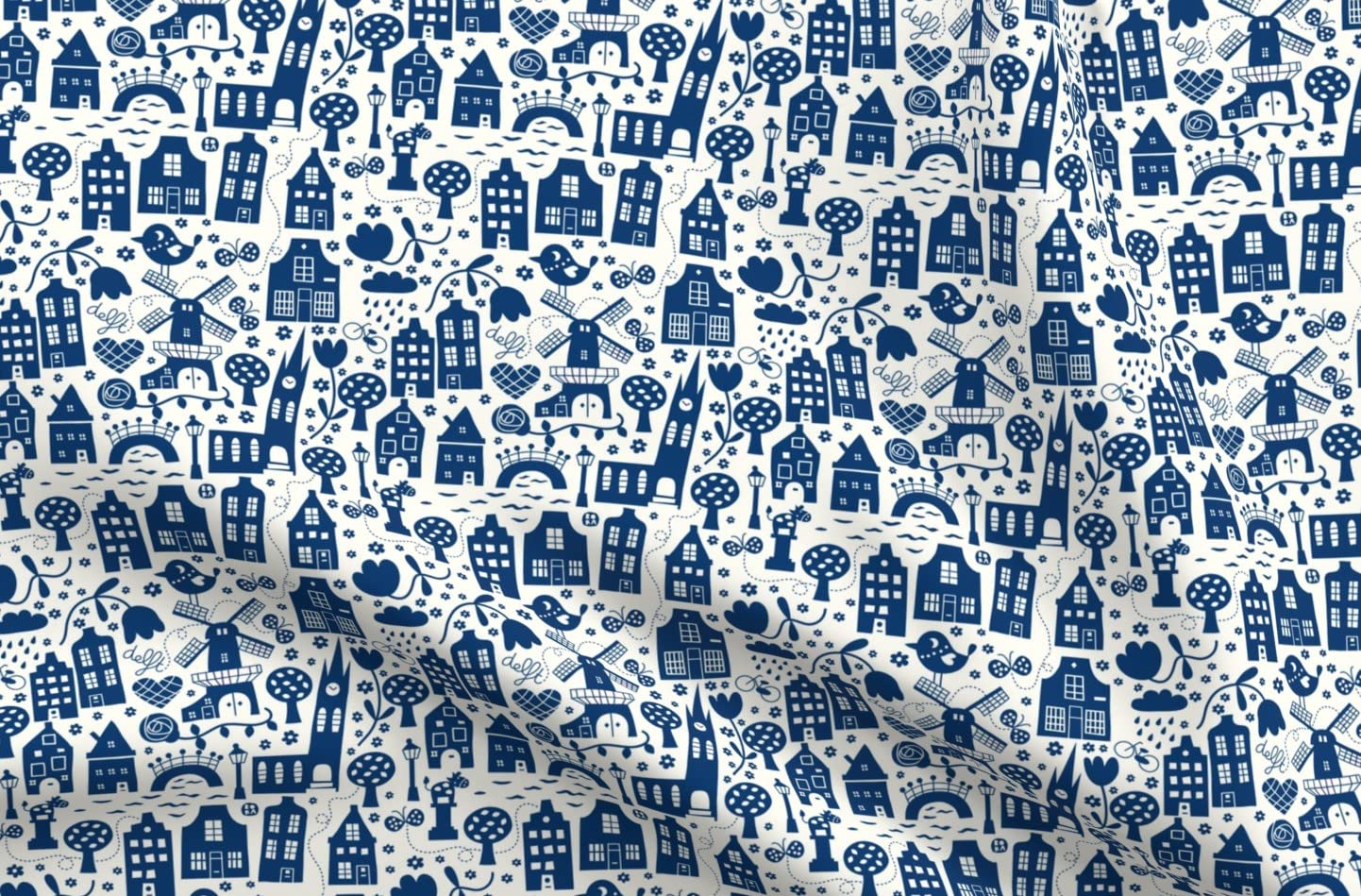 Amazon.com: Spoonflower Fabric - Delft Dutch Windmill Blue Folk Art ...