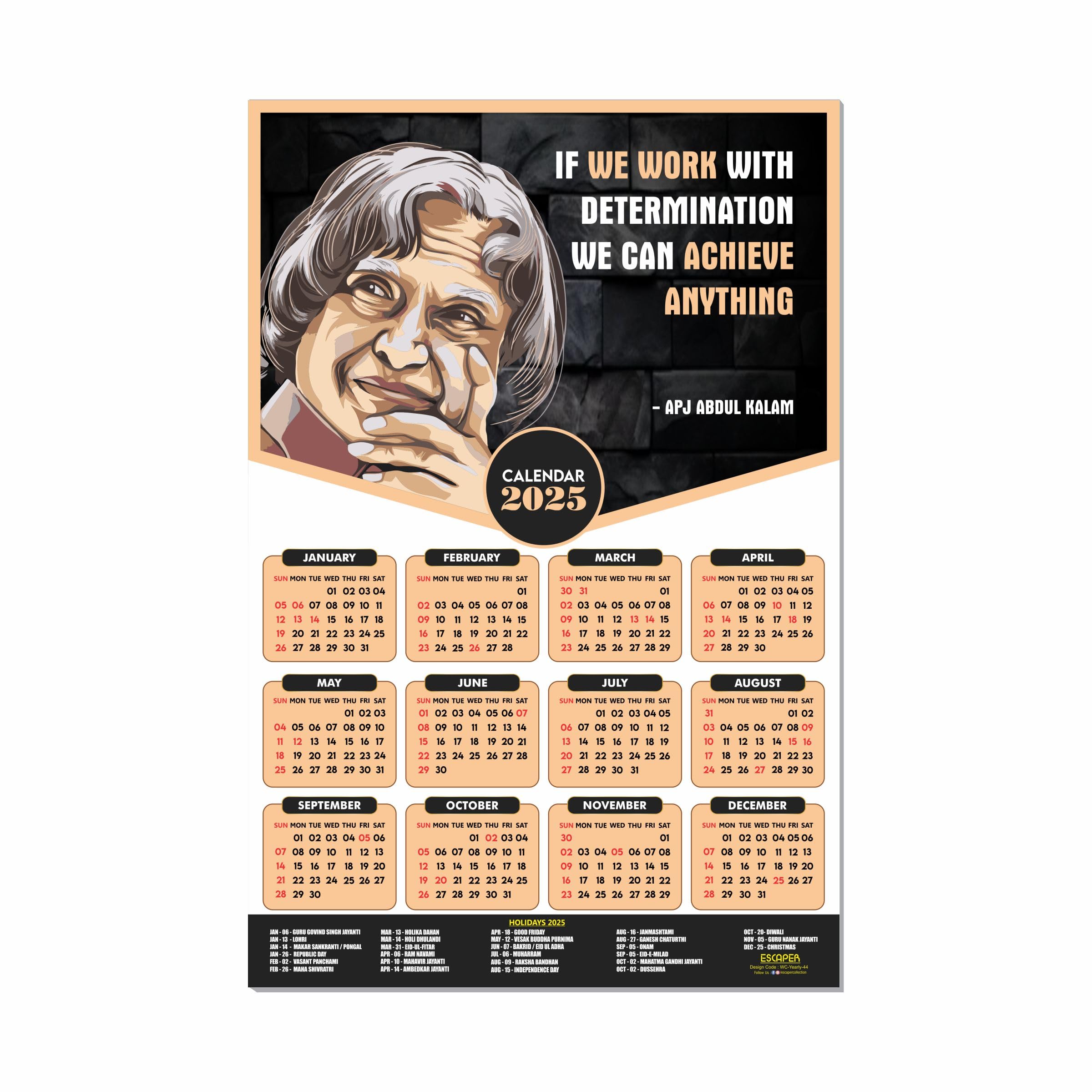 Escaper Dr Apj Abdul Kalam Motivational Wall Calendar 2025 And ...