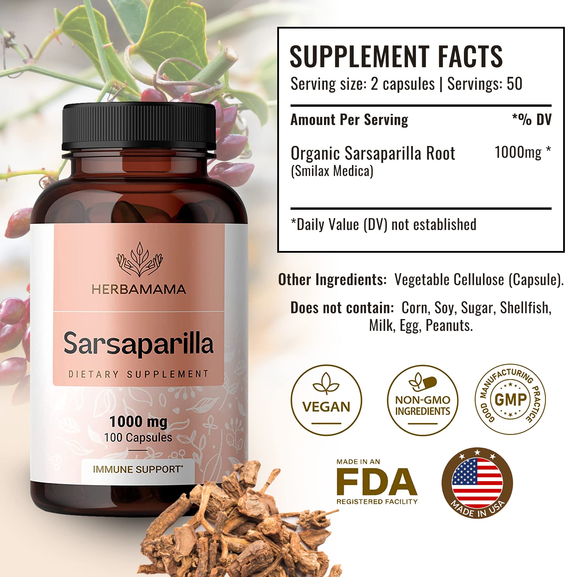 Snapklik.com : HERBAMAMA Sarsaparilla Root Capsules - Organic ...
