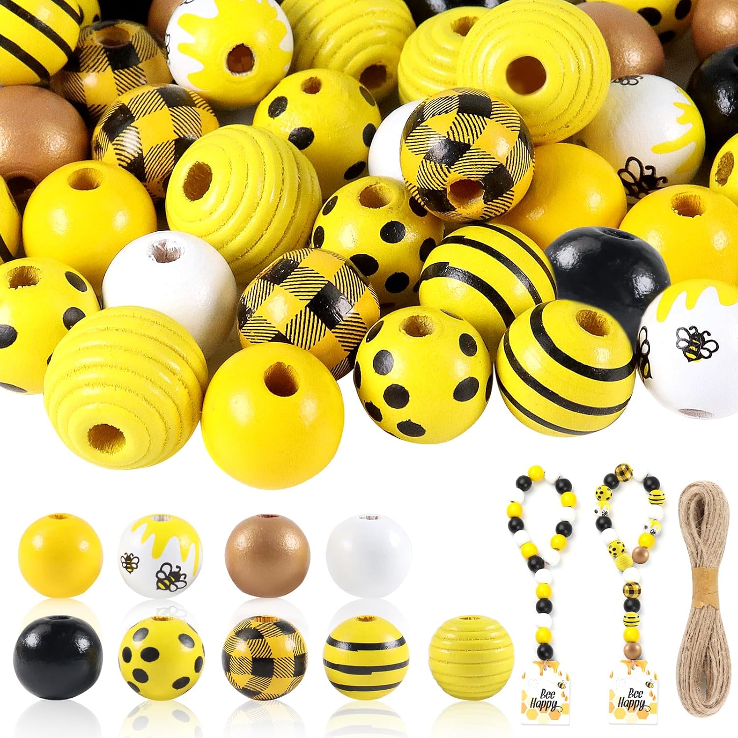 Amazon.com: 72Pcs16mm Bee Wood Beads with 32.8ft Rope Spring Summer ...
