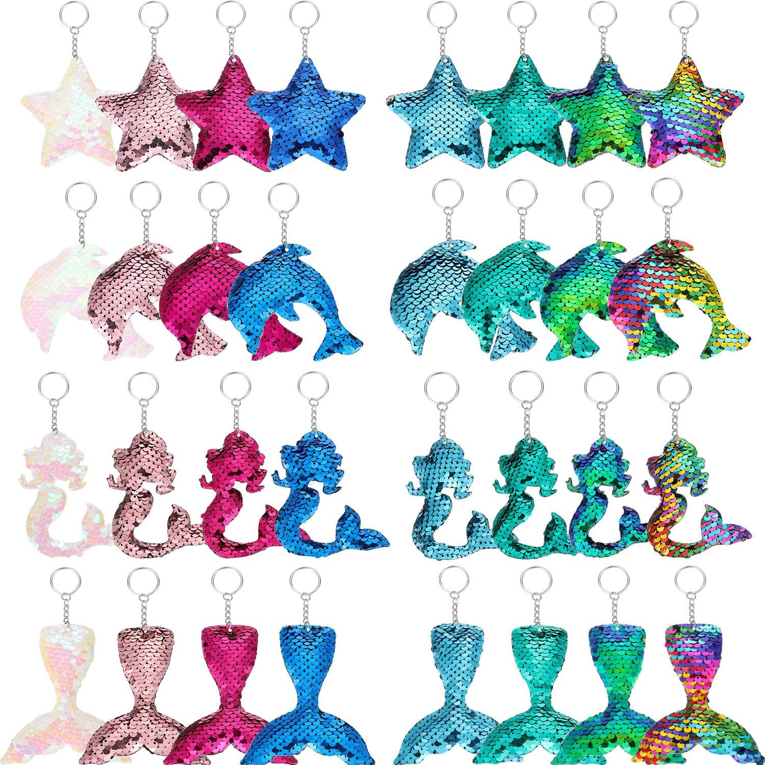 Gejoy 32 Pieces Reversible Mermaid Sequin Keychains Glitter Flip Sequin ...
