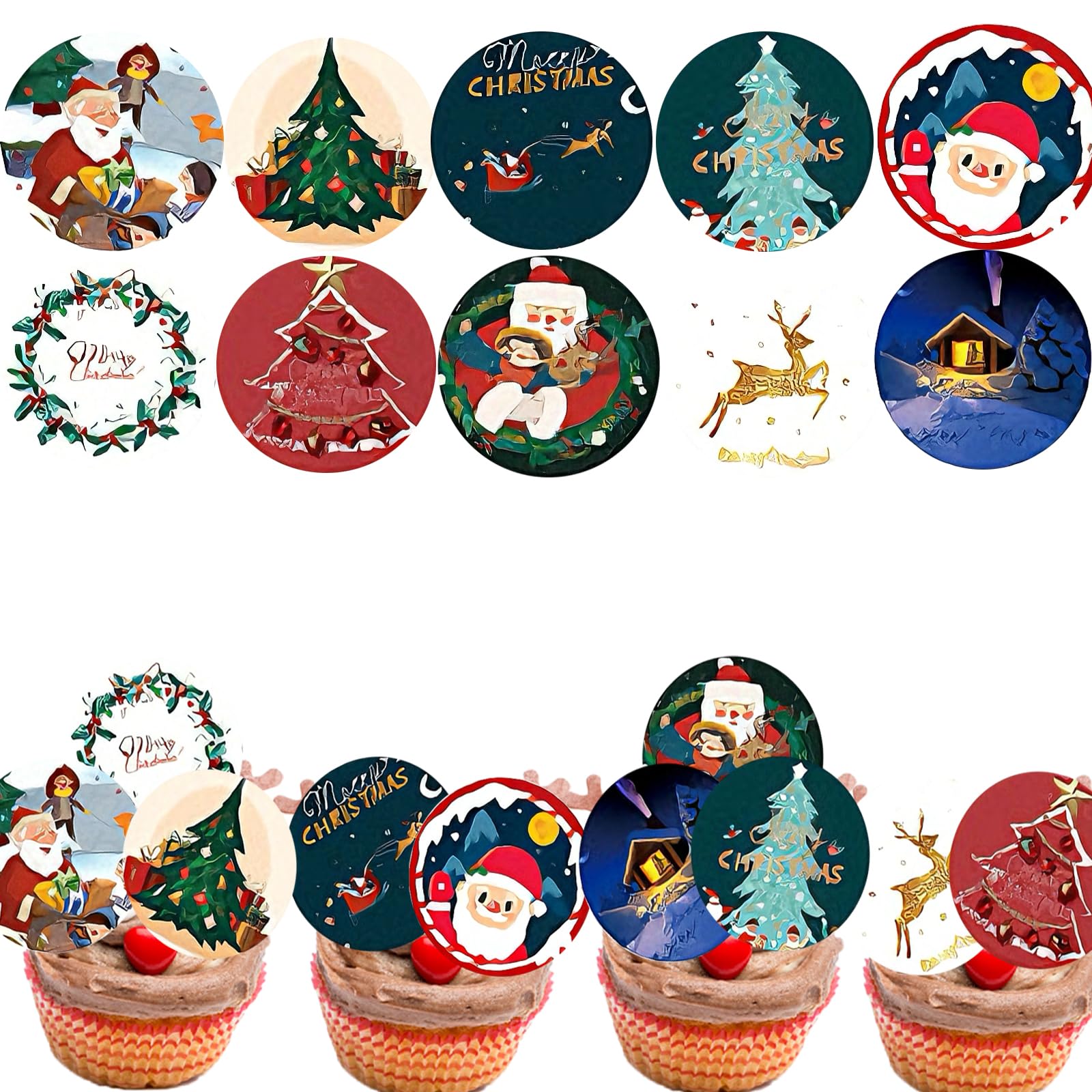 Amazon.com: Fyeoxle 70PCS Edible Christmas Cupcake Toppers Uncut Merry ...