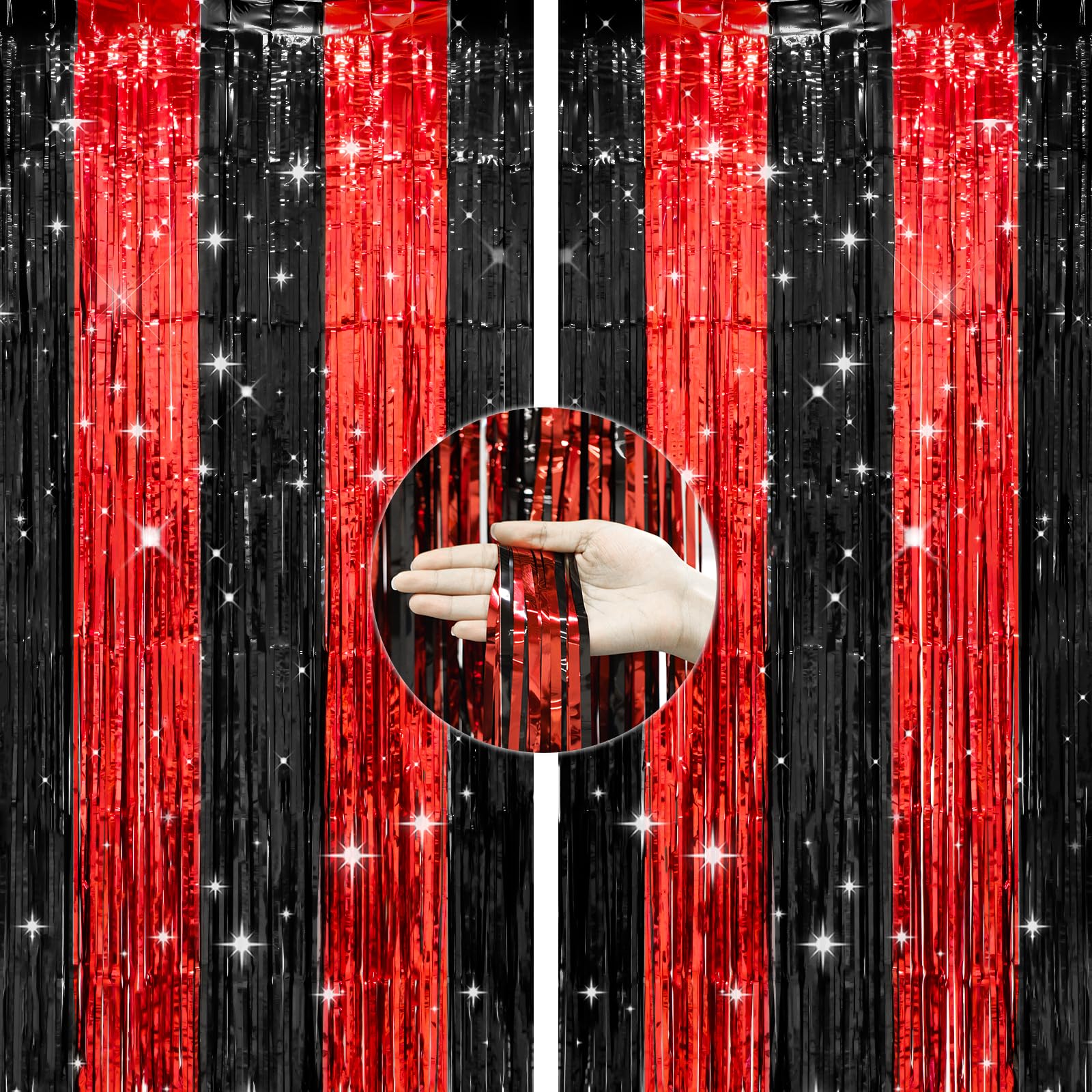 Amazon.com: Anwyll Red Black Foil Tinsel Fringe Curtain Backdrop,2Pack ...
