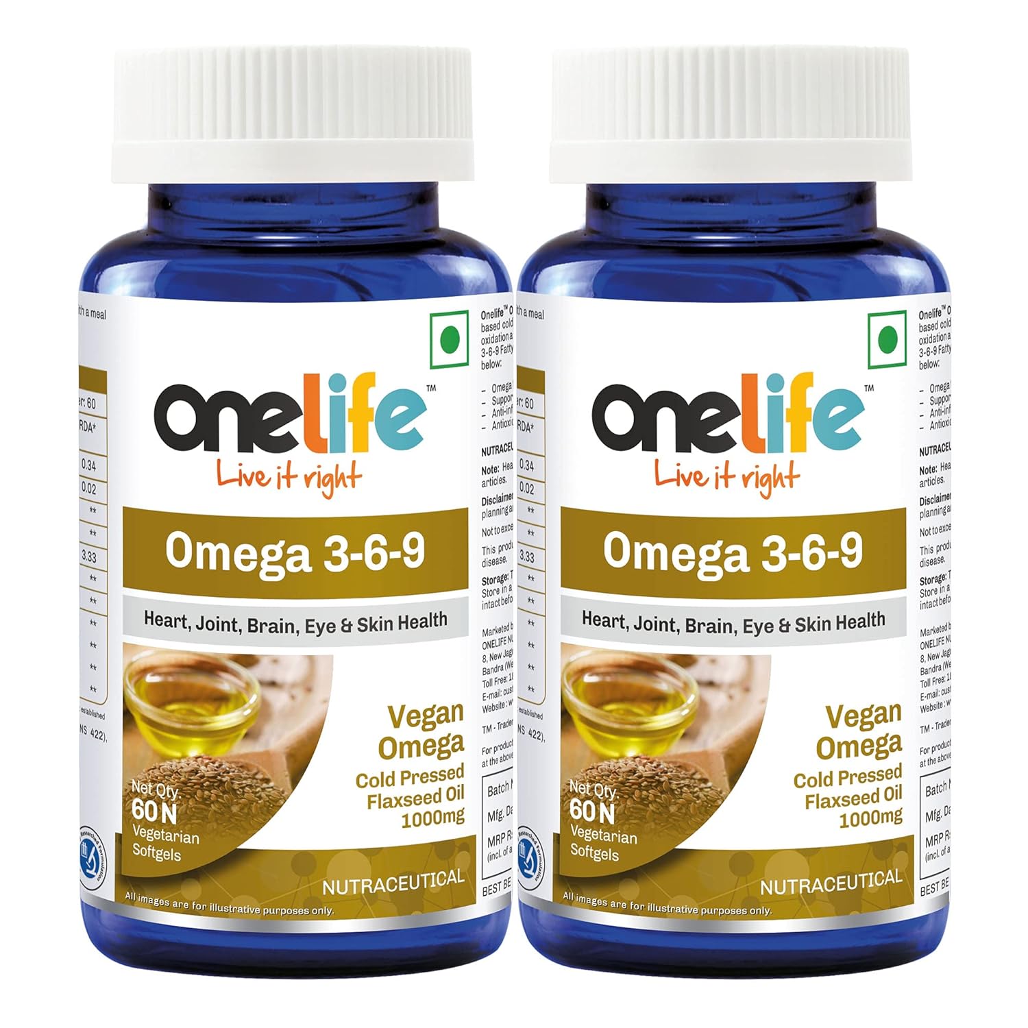 Onelife Omega 3-6-9, Vegan Omega Cold Pressed Organic Flaxseed Oil 1000 ...