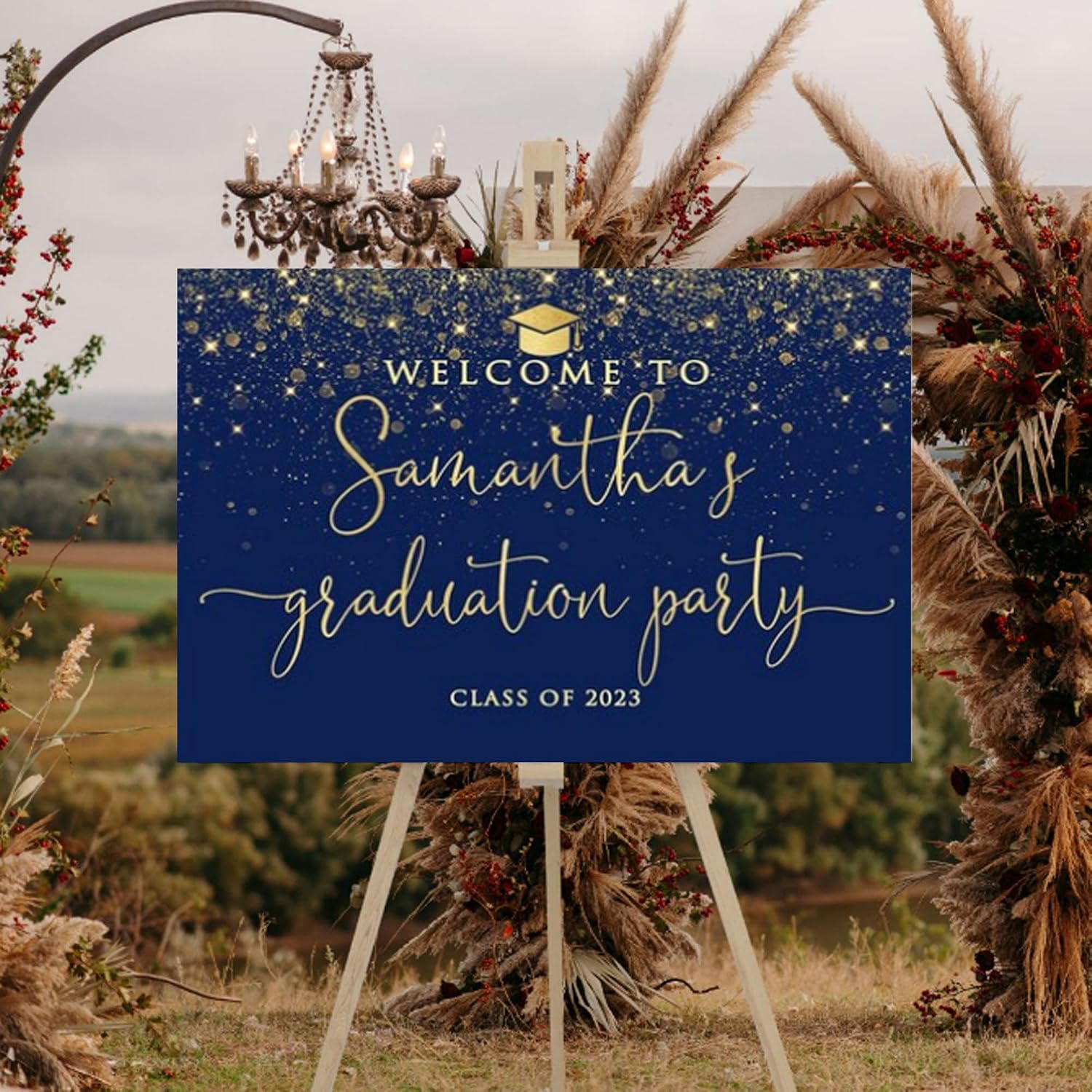Amazon.com : Navy Gold Graduation Party Welcome Sign, Gold Confetti ...