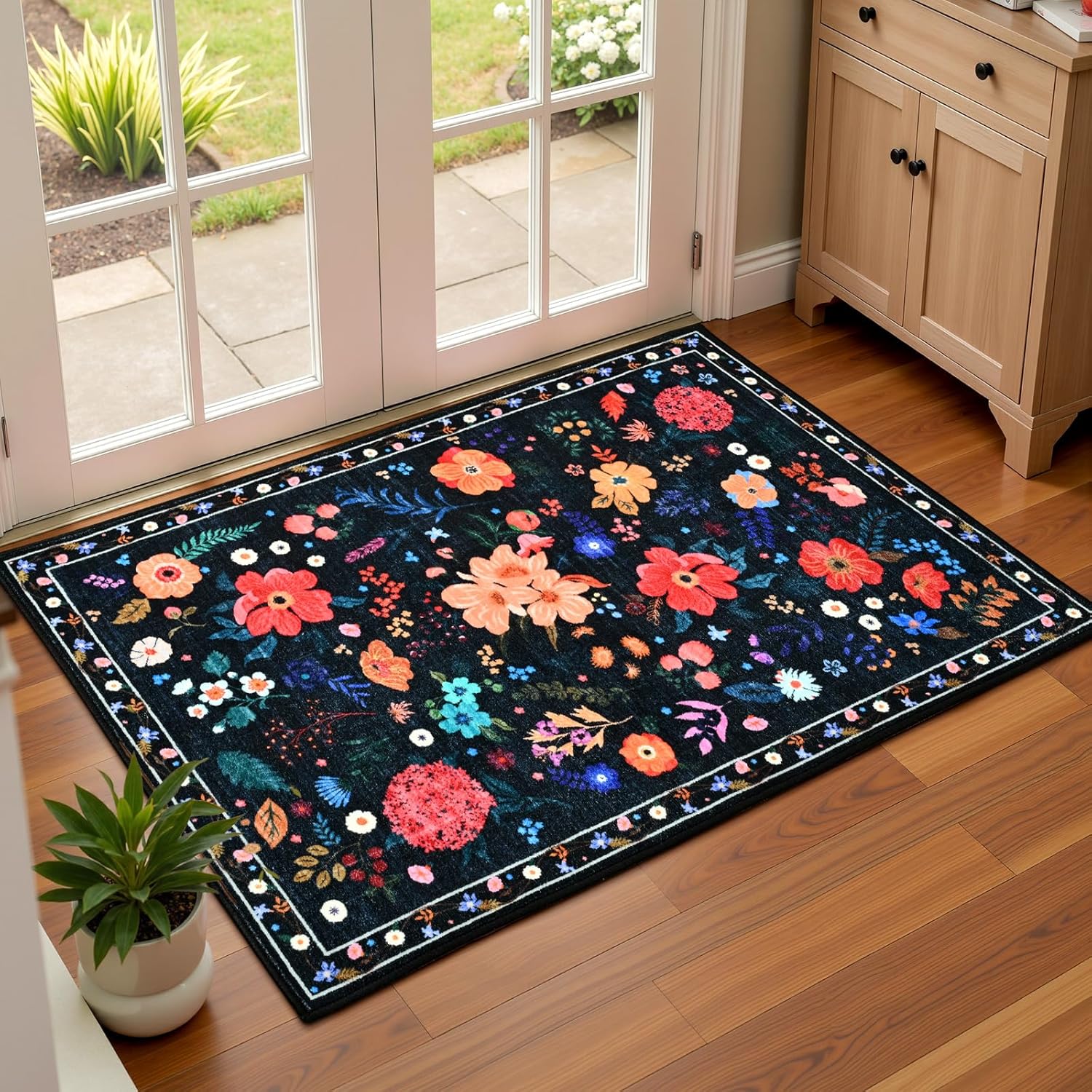 Amazon.com: Terrug Floral Entryway Rug, 2x3 Black Rug Boho Washable ...