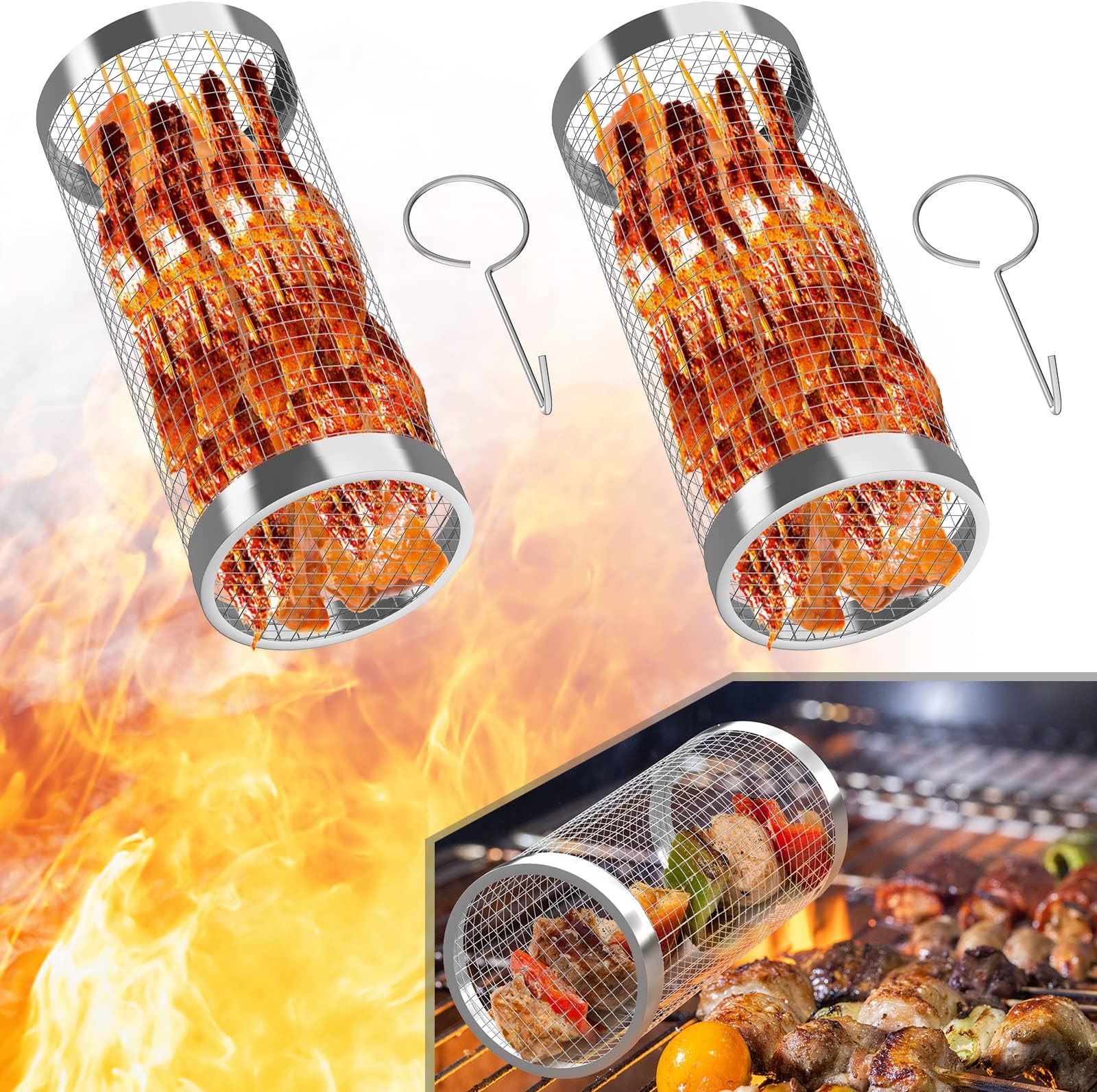 Amazon.com: 3Pcs BBQ Rolling Grill Basket, Stainless Steel Wire Mesh ...