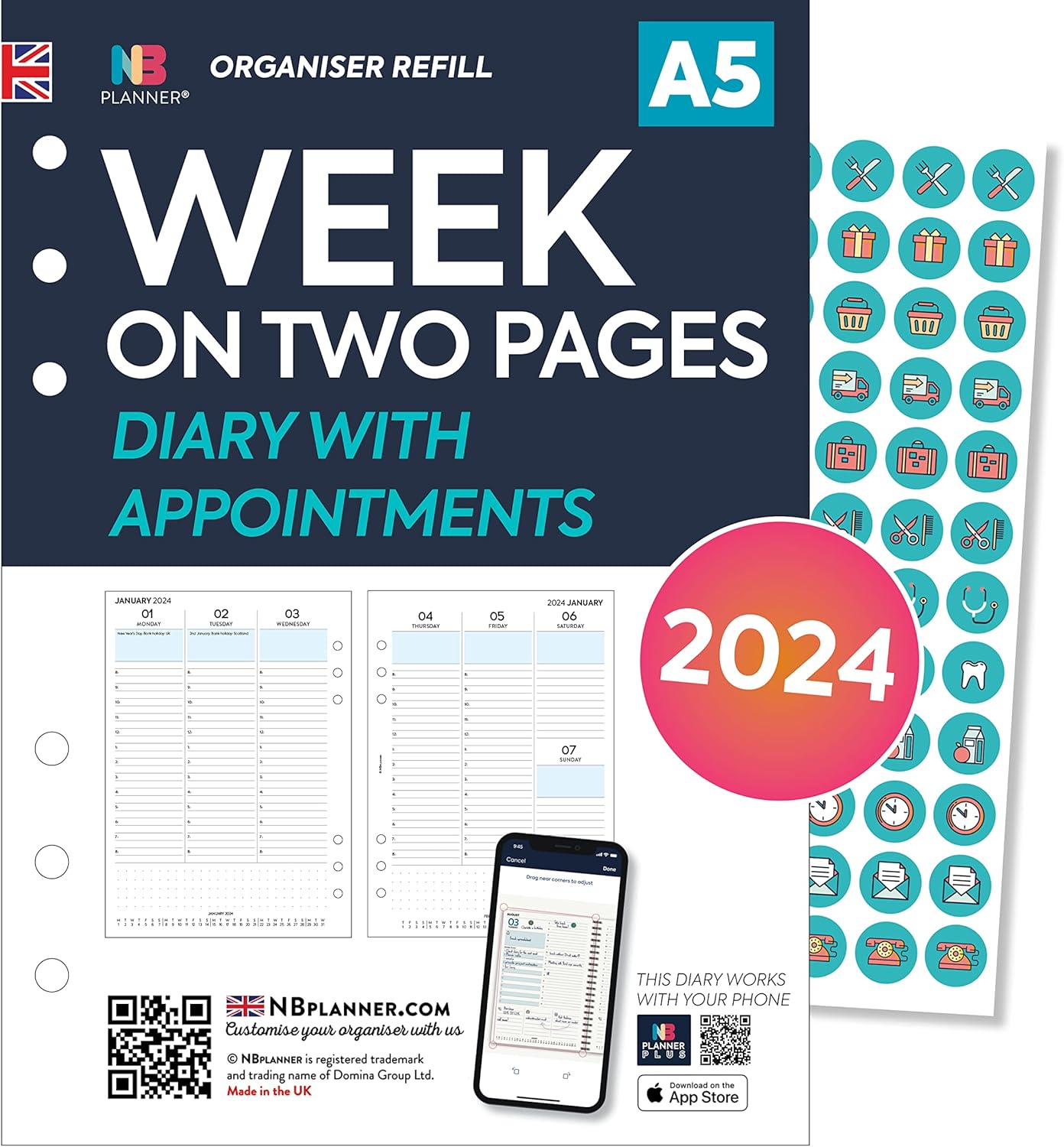 NBplanner 2024 A5 Week on two pages diary with appointments organiser ...