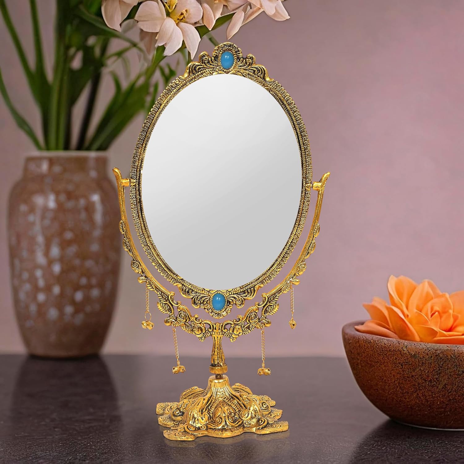 Buy Dattatreya Metal Double Side Table Mirror Gold Plated Frame for ...