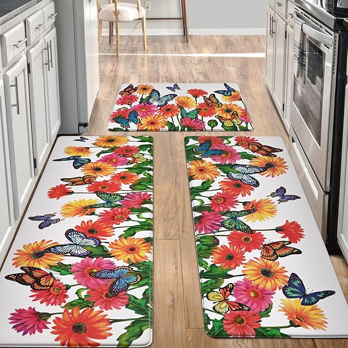 Amazon.com: 3 Pieces Floral Kitchen Rugs, Flower Kitchen Mats Memory ...