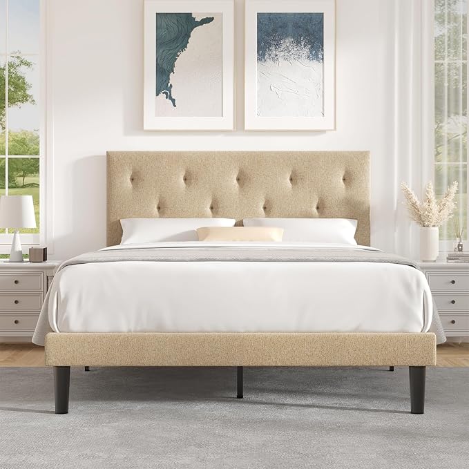 Amazon.com: Flolinda Full Size Platform Bed Frame with Fabric Headboard ...