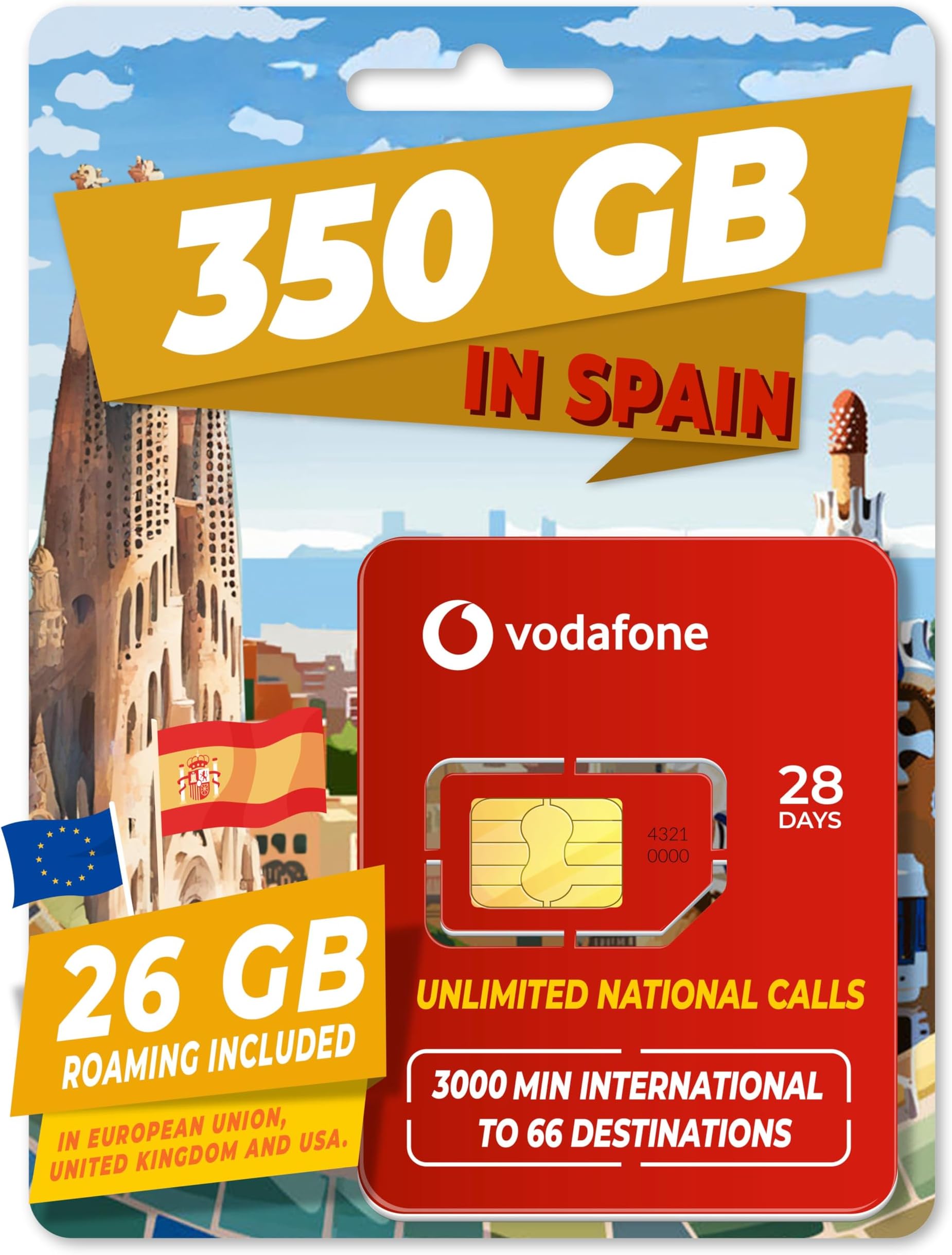Amazon.com: Vodafone Spain XL Prepaid SIM Card 350GB and 26GB in The ...