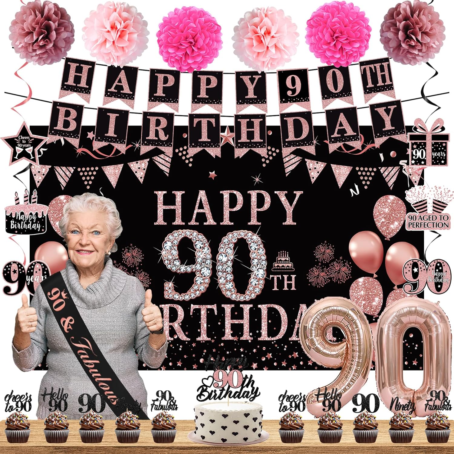 Amazon.com: Trgowaul 90th Birthday Decorations for Women, 22pcs Rose ...