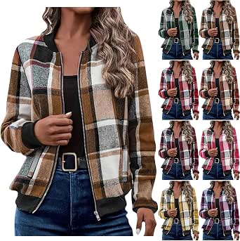 Amazon.com: Zip Up Flannel Shackets for Women 2025 Plaid Jackets Long ...
