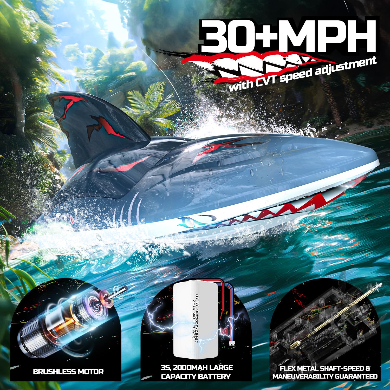 Snapklik.com : DEERC Fast Brushless RC Shark Boat For Adults, 30+MPH 3S ...