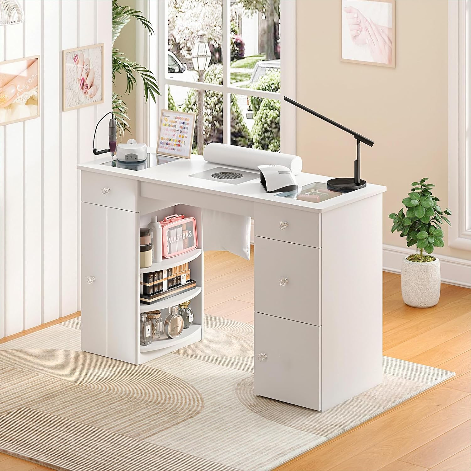 Advwin Manicure Table for Nail Tech, Glass Top Nail Table Acetone ...