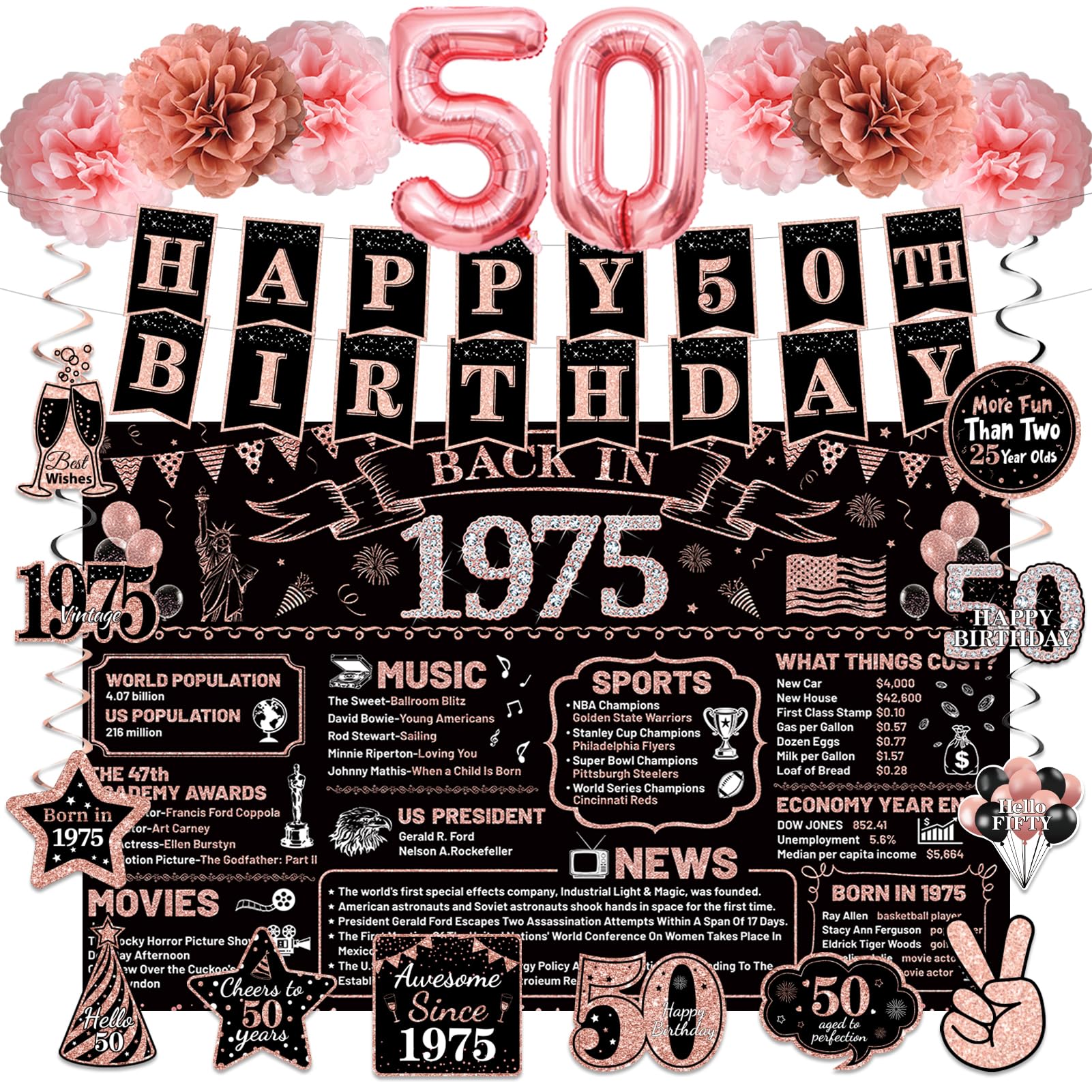 Amazon.com: 43Pcs 50th Birthday Decorations for Women, Back in 1975 ...