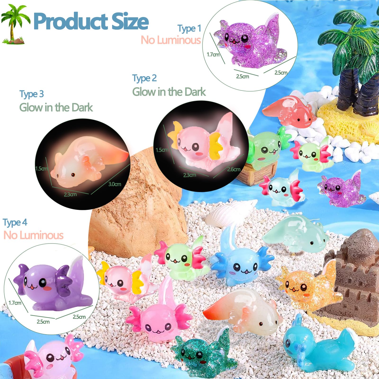 OcTecho 80pcs Mini Resin Axolotls, 31 Colors Tiny Plastic Axolotl in 4 ...