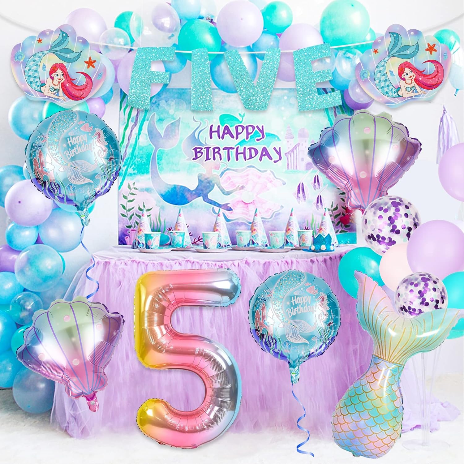 Buy Sharlity Mermaid 5th Birthday Party Decorations for Girl with ...