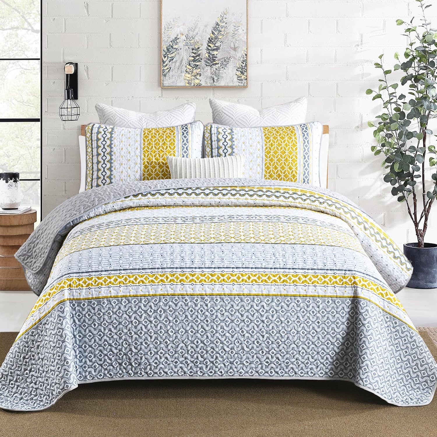 Amazon.com: DJY Yellow Quilt Set California King Size, Boho Yellow Grey ...