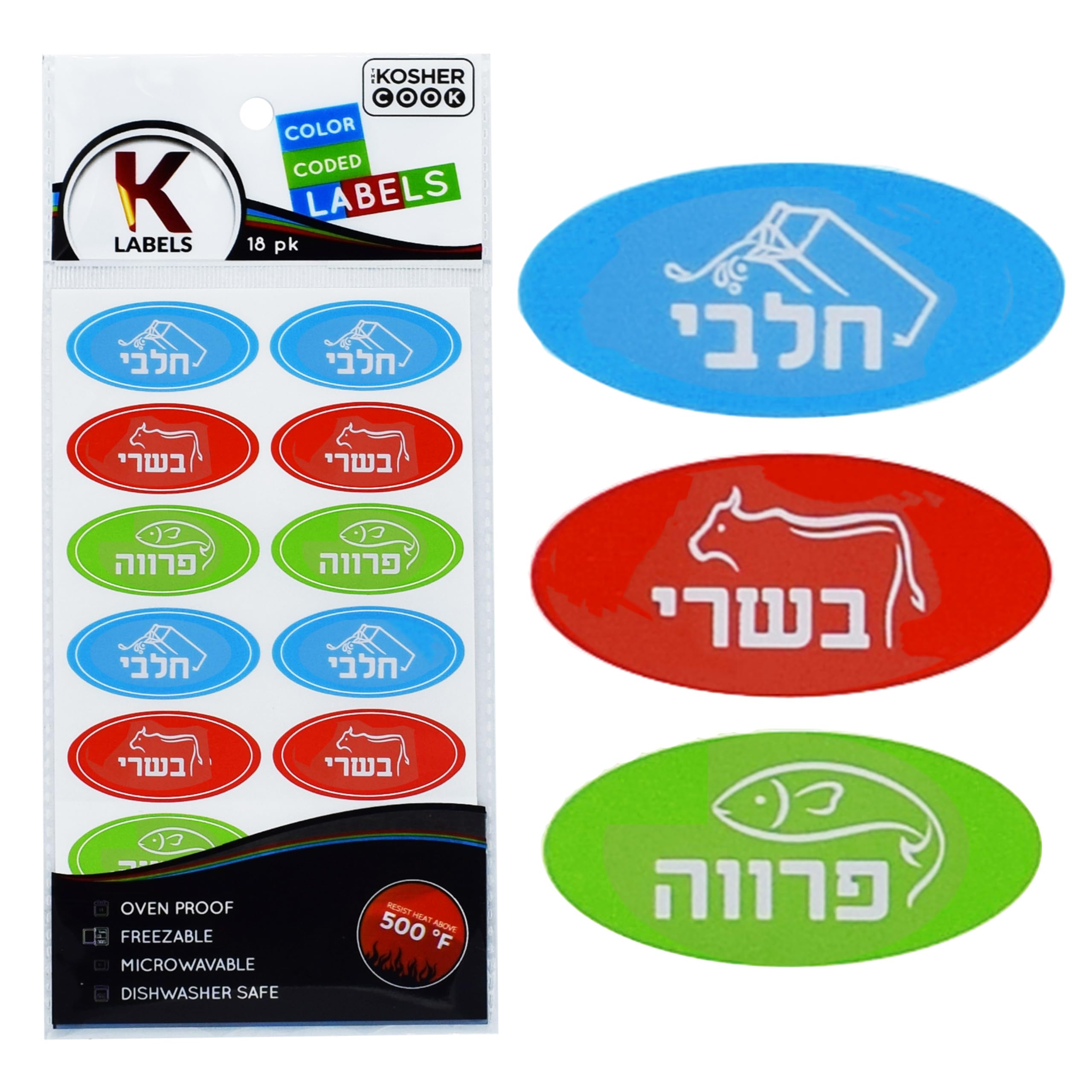 18 Assorted Kosher Labels – 6 Blue Dairy, 6 Red Meat, 6 Green Parve ...