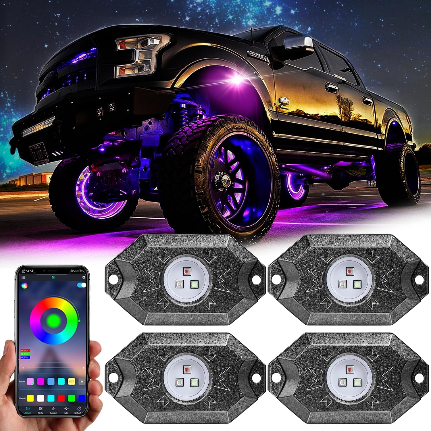 Amazon.com: YCHOW-TECH RGB LED Rock Lights, 4 pods Underglow Multicolor ...