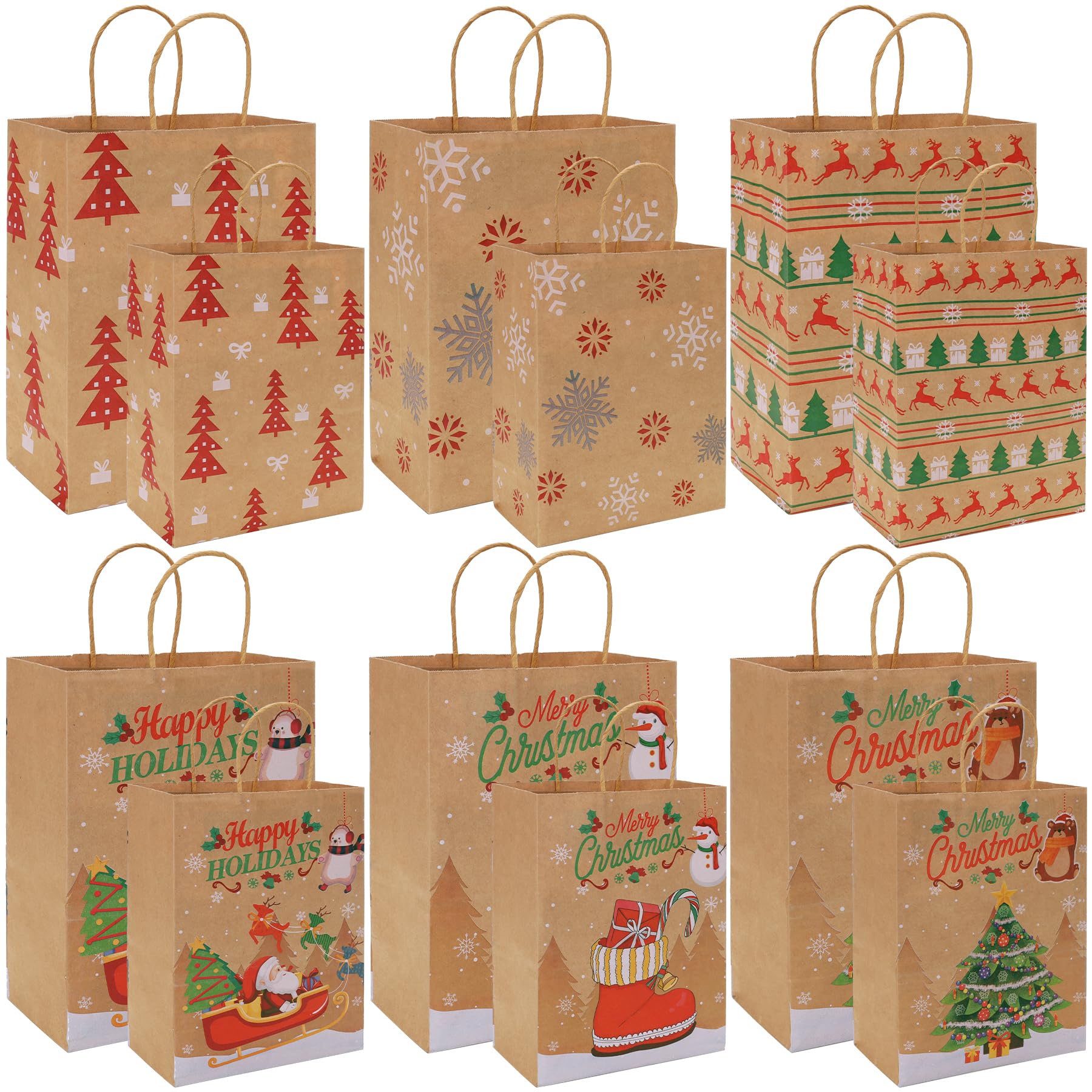 12 PCS Xmas Kraft Gift Bags, 2 Sizes Christmas Paper Bags with Handle ...
