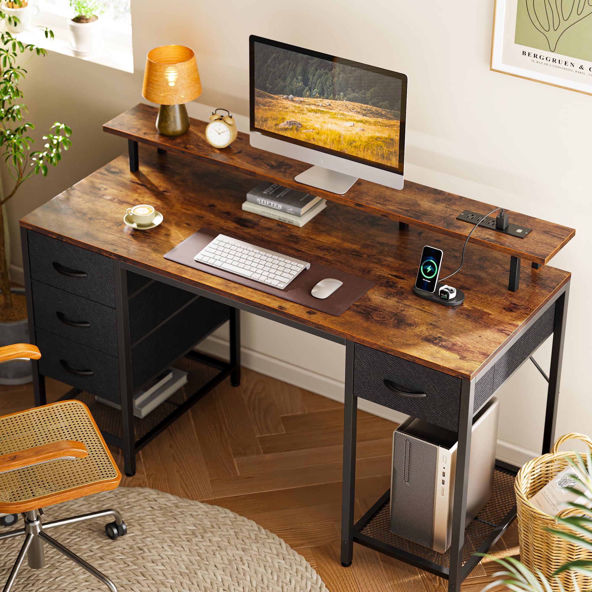 Rustic Country Desk Office 17 Stories Gaming Desk With 6 Drawers,
