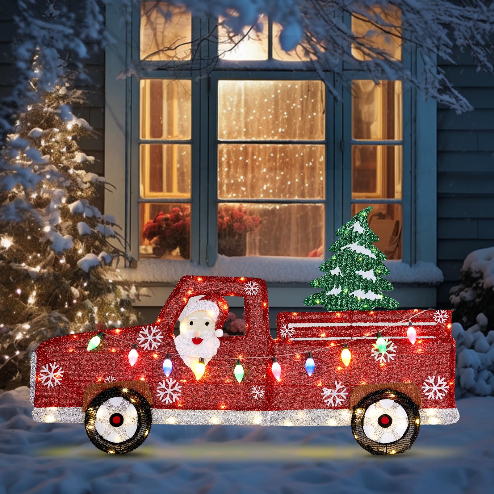 Bonnlo 4FT 2D Lighted Christmas Santa Claus in Red Truck Outdoor ...