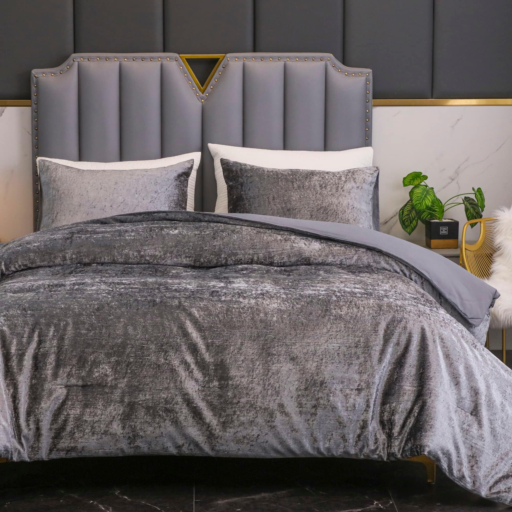 Amazon.com: Fredsure Crinkle Velvet Comforter Set, 3 Pieces Grey Queen ...