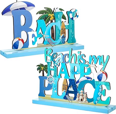 Amazon.com: Blulu 2 Pcs Beach Table Signs Ocean Wood Table Decorations ...