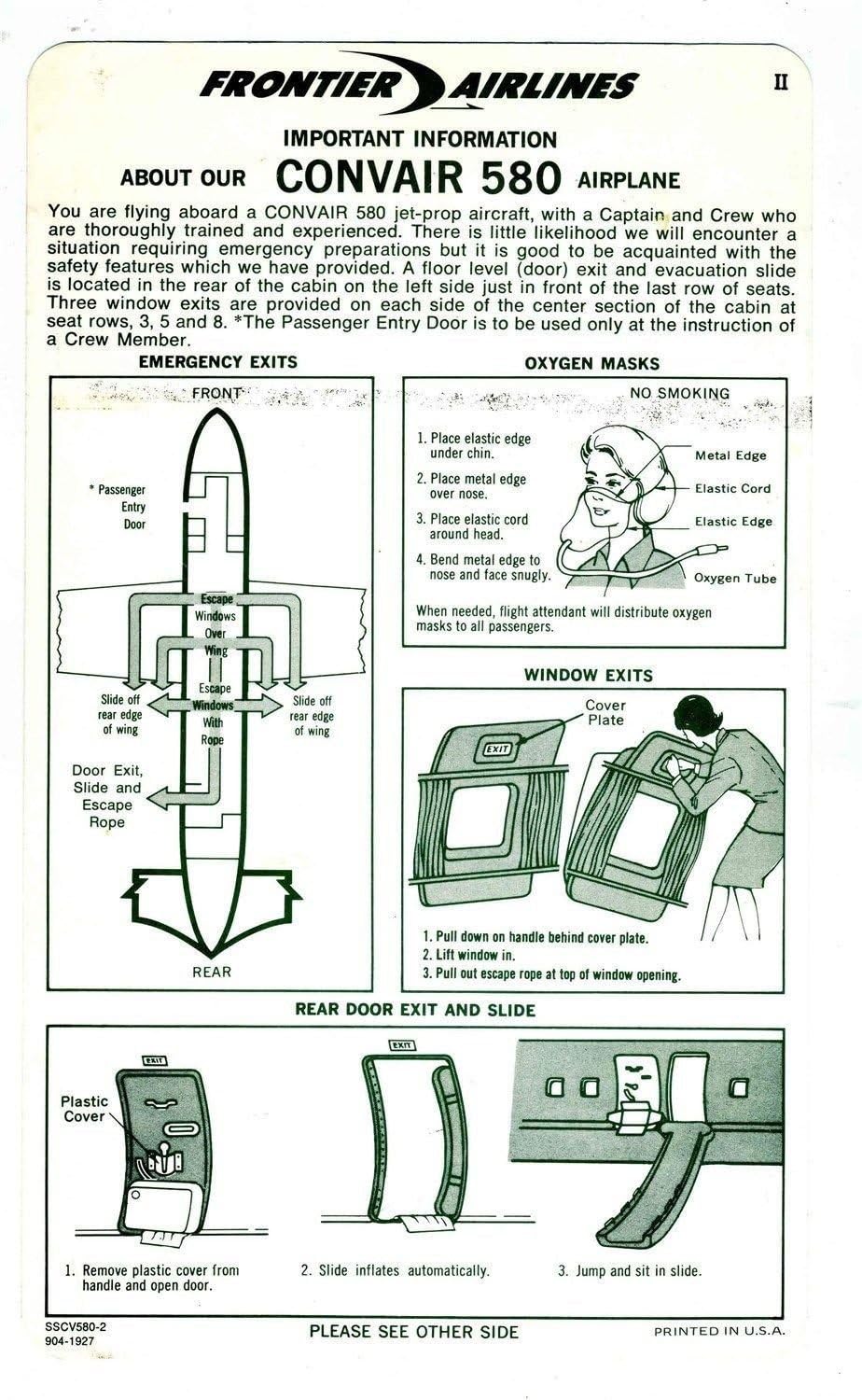 Amazon.com: Frontier Airlines Convair 580 Safety Card 1975 : Office ...