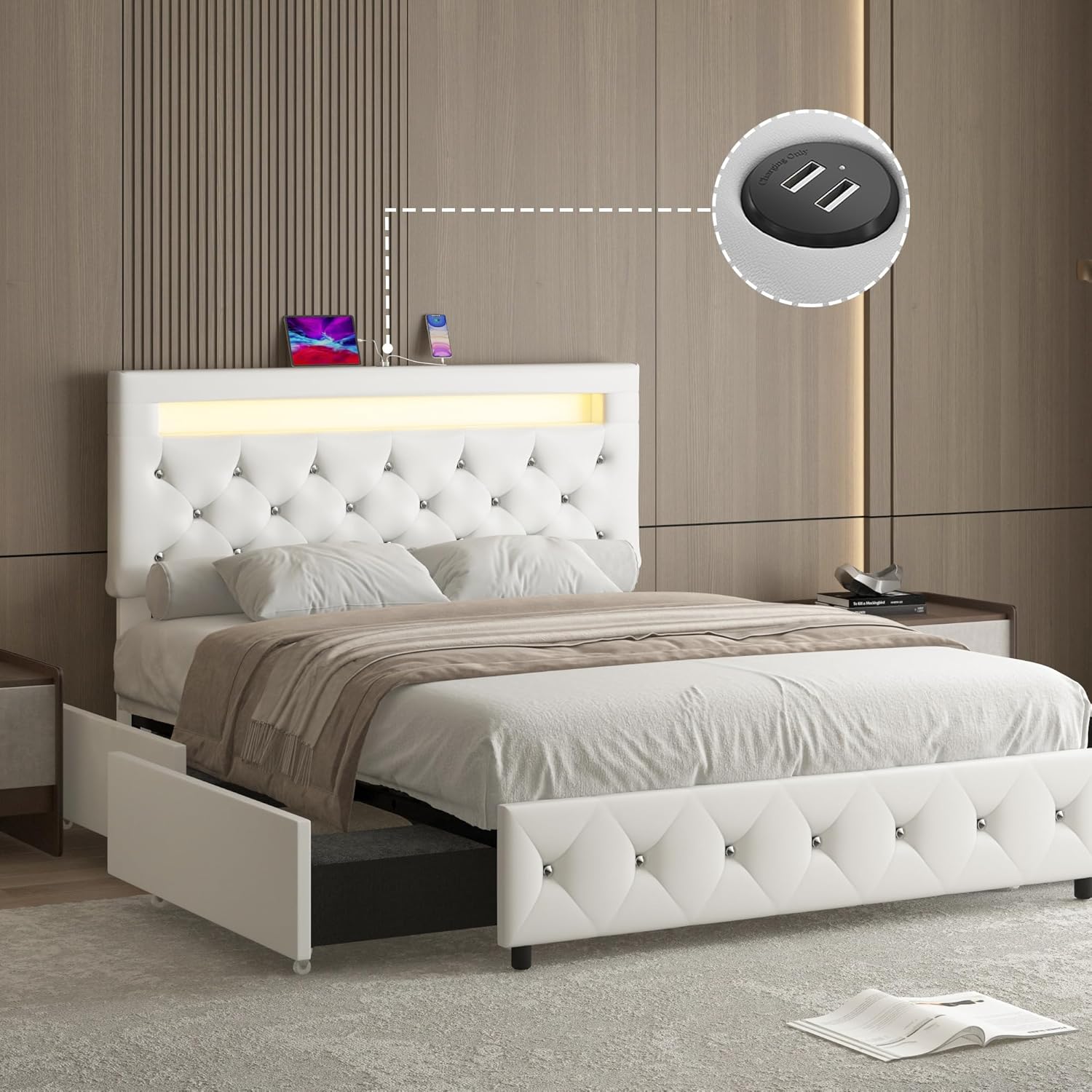 Amazon.com: Hlivelood Full Upholstered LED Bed Frame with 4 Storage ...