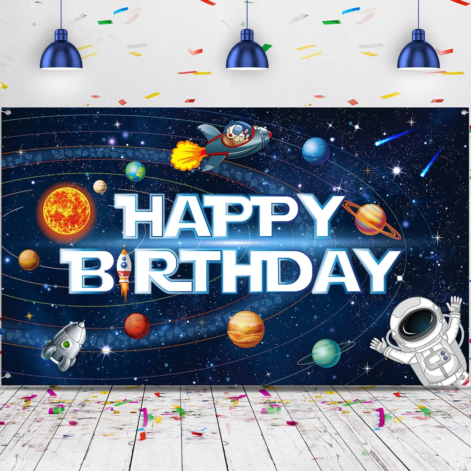 Amazon.com : Ayearparty Outer Space Happy Birthday Photography Backdrop ...