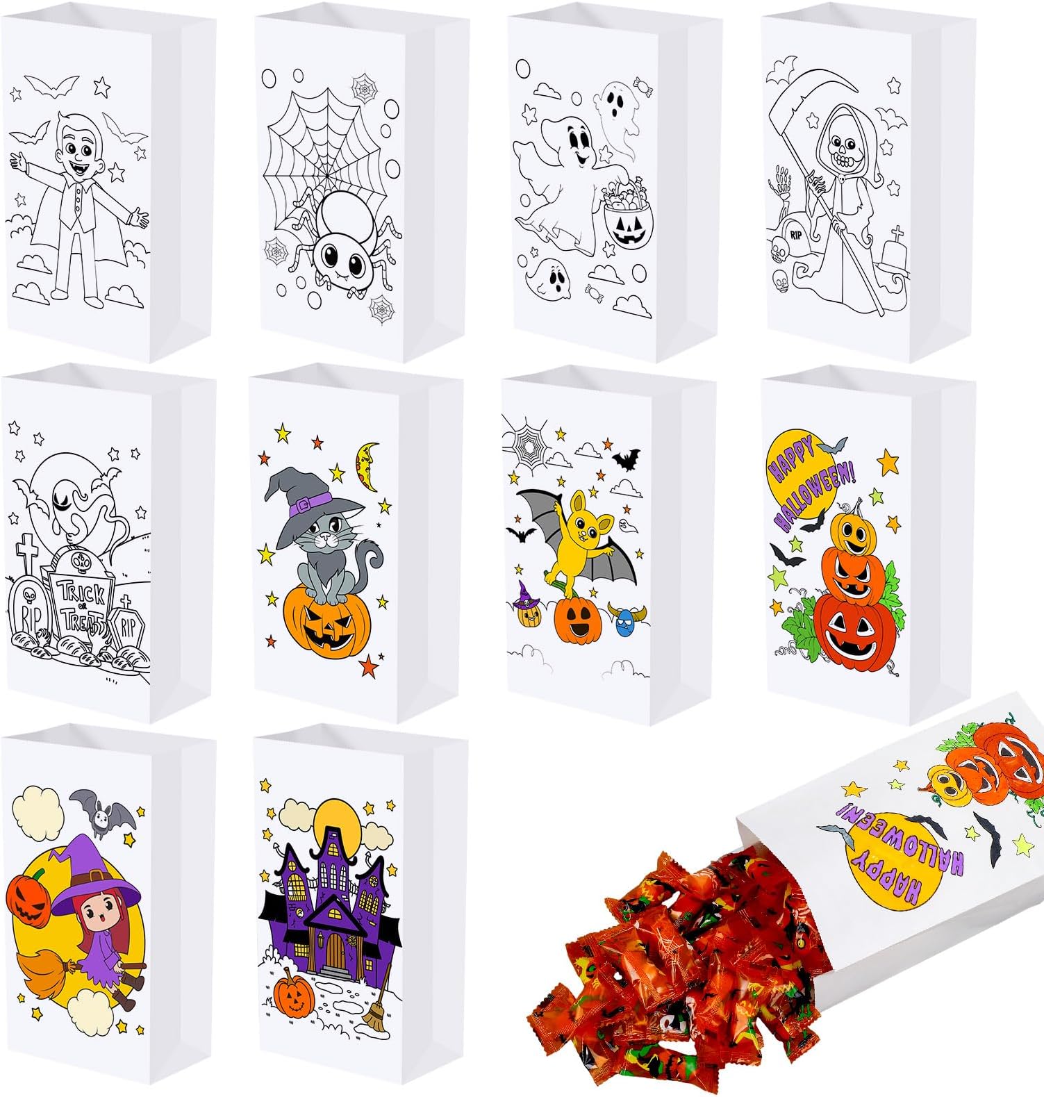 Amazon.com: Kolldenn 100 Pcs Color Your Own Halloween Treat Bags ...