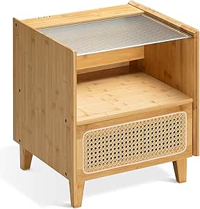 Navaris Rattan Nightstand - Bedside Table with Multifunctional Storage ...