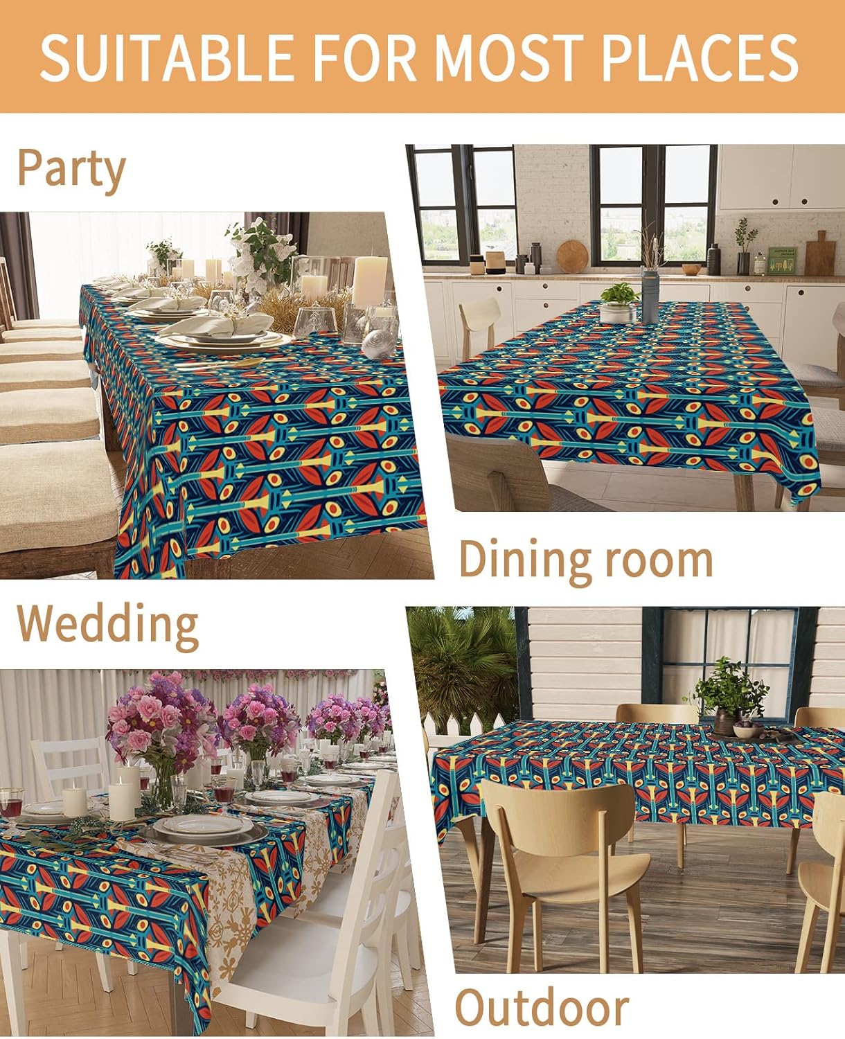 Teal Red Yellow Geometric Tablecloths for Rectangle 54 x 120-inch Table ...