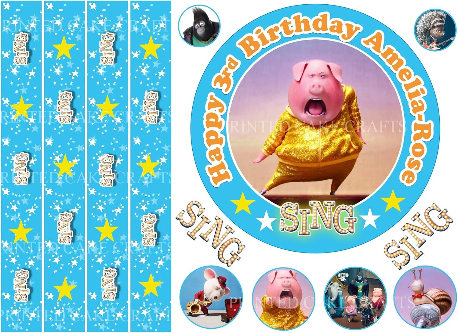 EDIBLE 6" SING MOVIE ICING GIRLS BOYS PERSONALISED CAKE TOPPER WITH ...
