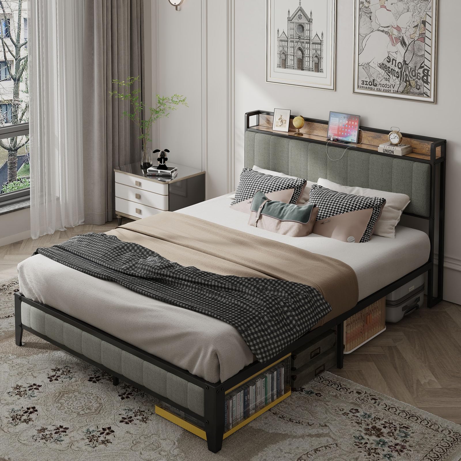Full Bed Frame with Upholstered Headboard and LED Light,Metal Frame ...