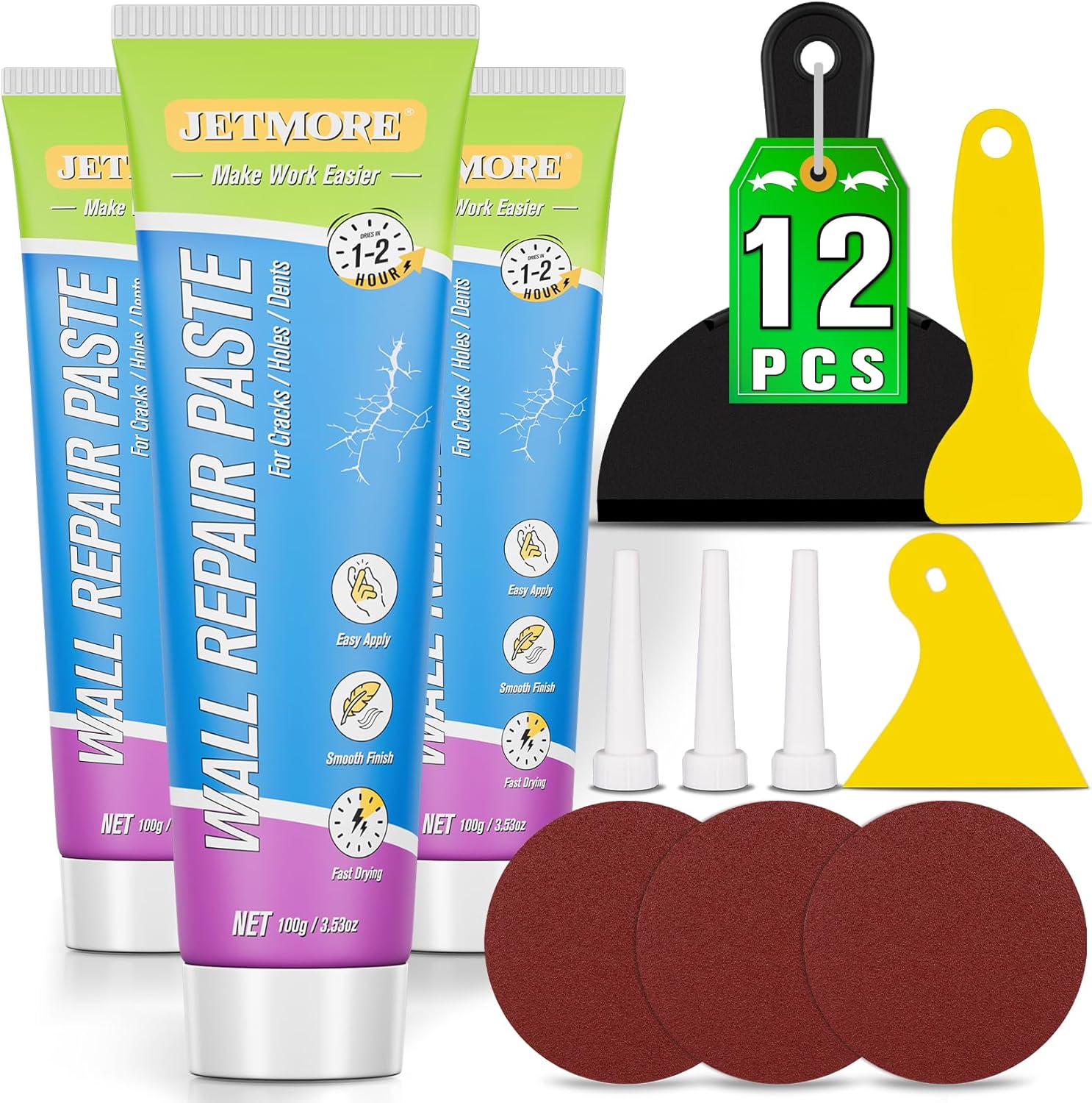 JETMORE 12 Pcs Drywall Repair Kit, Spackle Wall Repair, Wall Hole ...