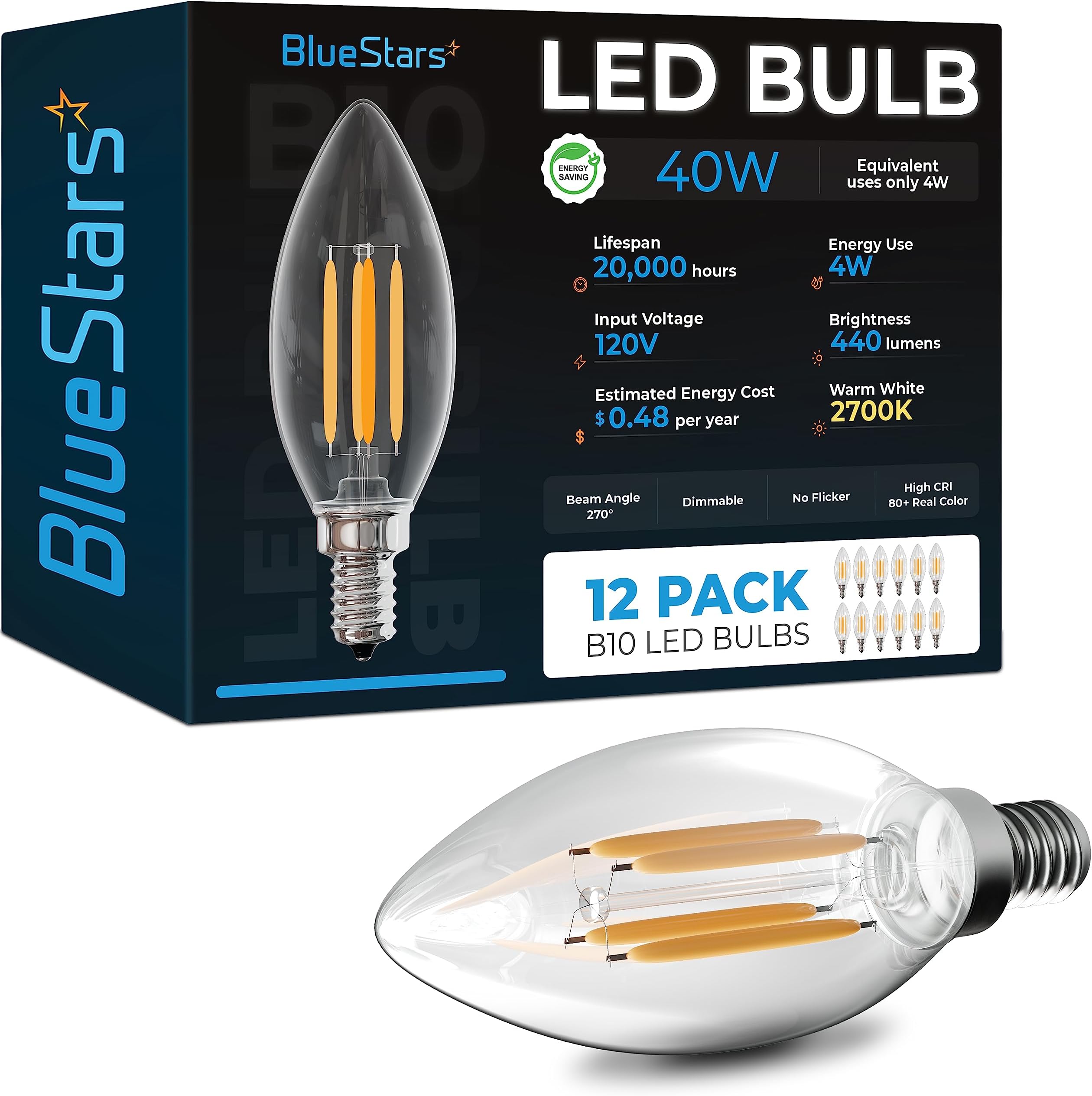 Amazon.com: BlueStars 12-PACK B10 E12 LED Bulbs DIMMABLE 4W 2700K Warm ...