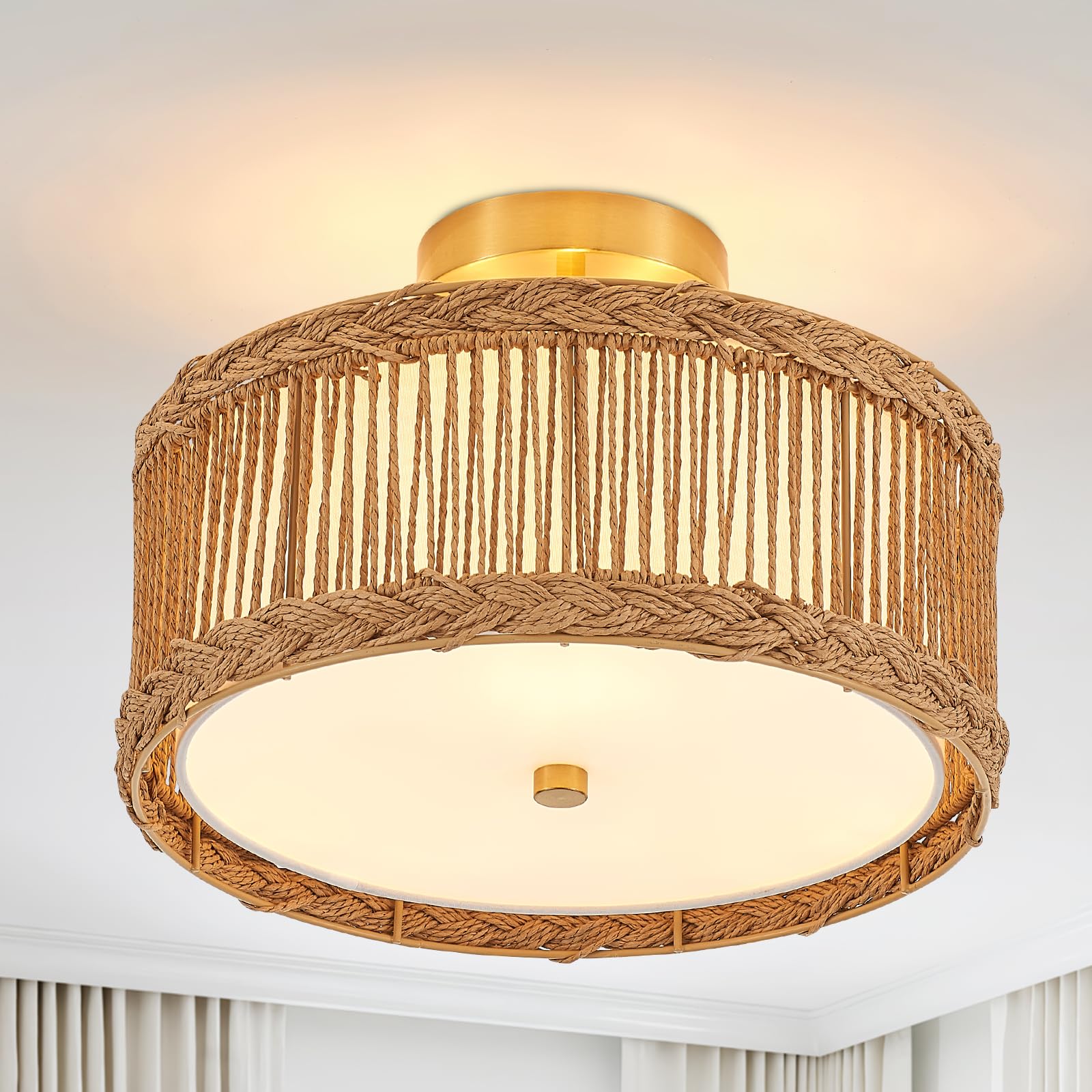 Tunkayli Boho Flush Mount Ceiling Light Fixture Woven Rattan Ceiling ...