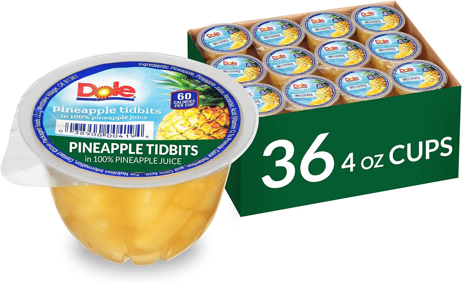 Amazon.com : Dole Fruit Bowls Pineapple Tidbits in 100% Juice Snacks ...
