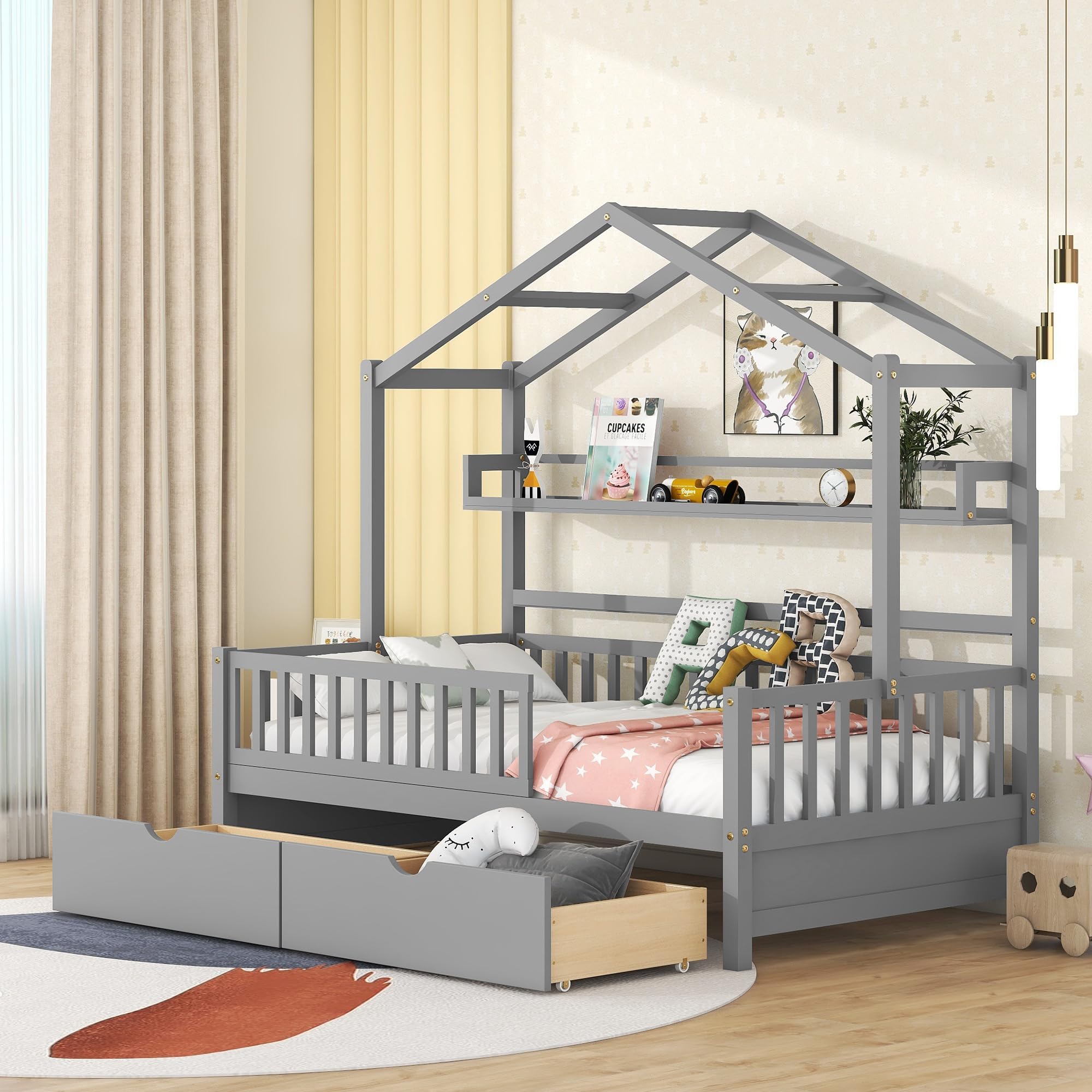 Amazon.com: Harper & Bright Designs Full House Bed with Trundle, Wood ...