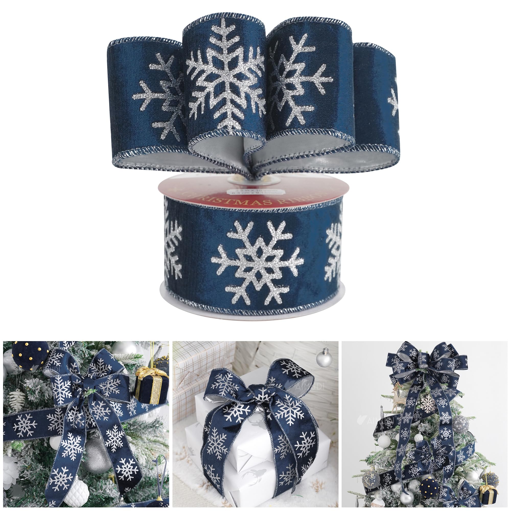 Amazon.com: AIMUDI Navy Blue and Silver Christmas Velvet Ribbon Wired 2 ...
