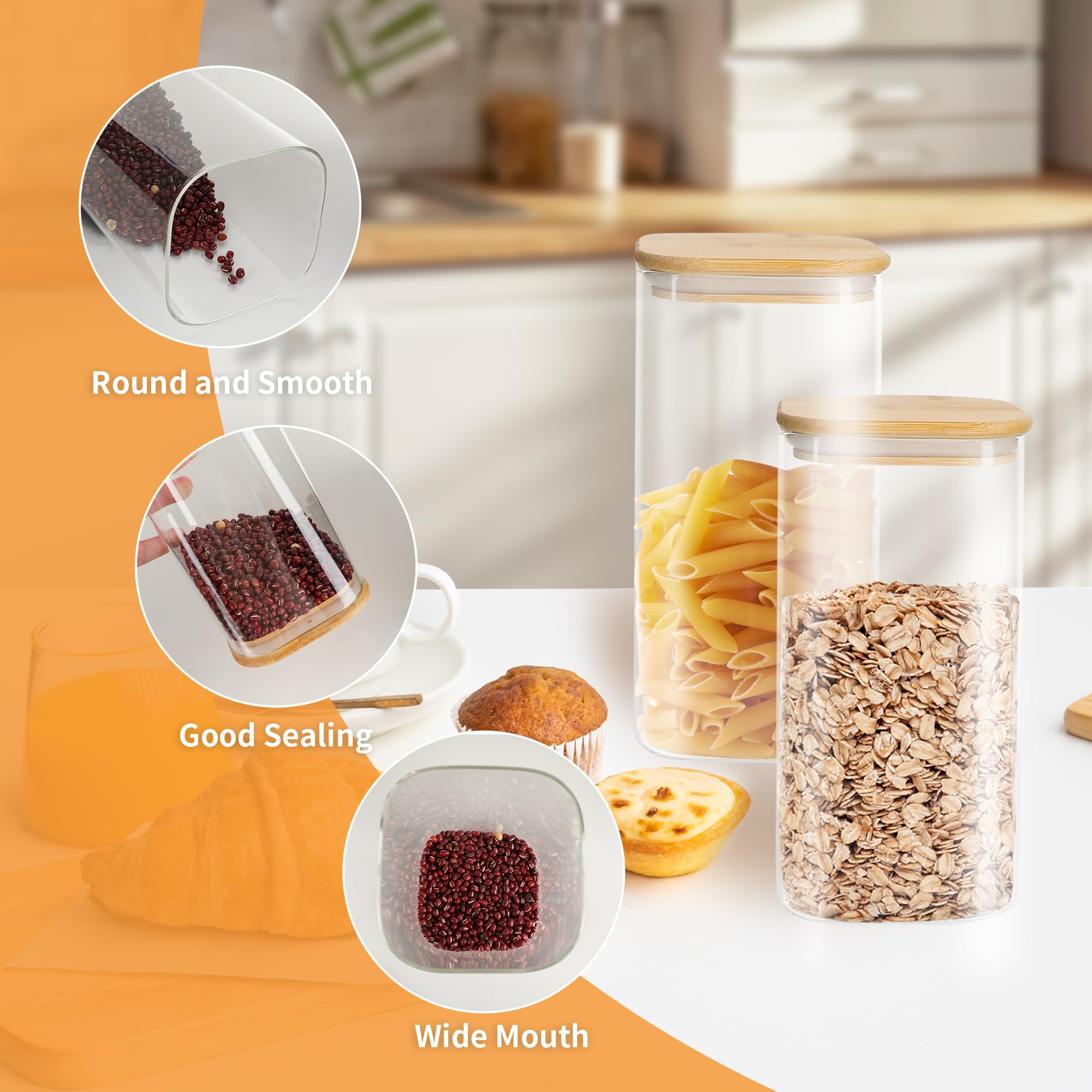 YKUKIZEE 4 Pack Glass Pasta Jars with Lids 1600 ml, Airtight Square ...