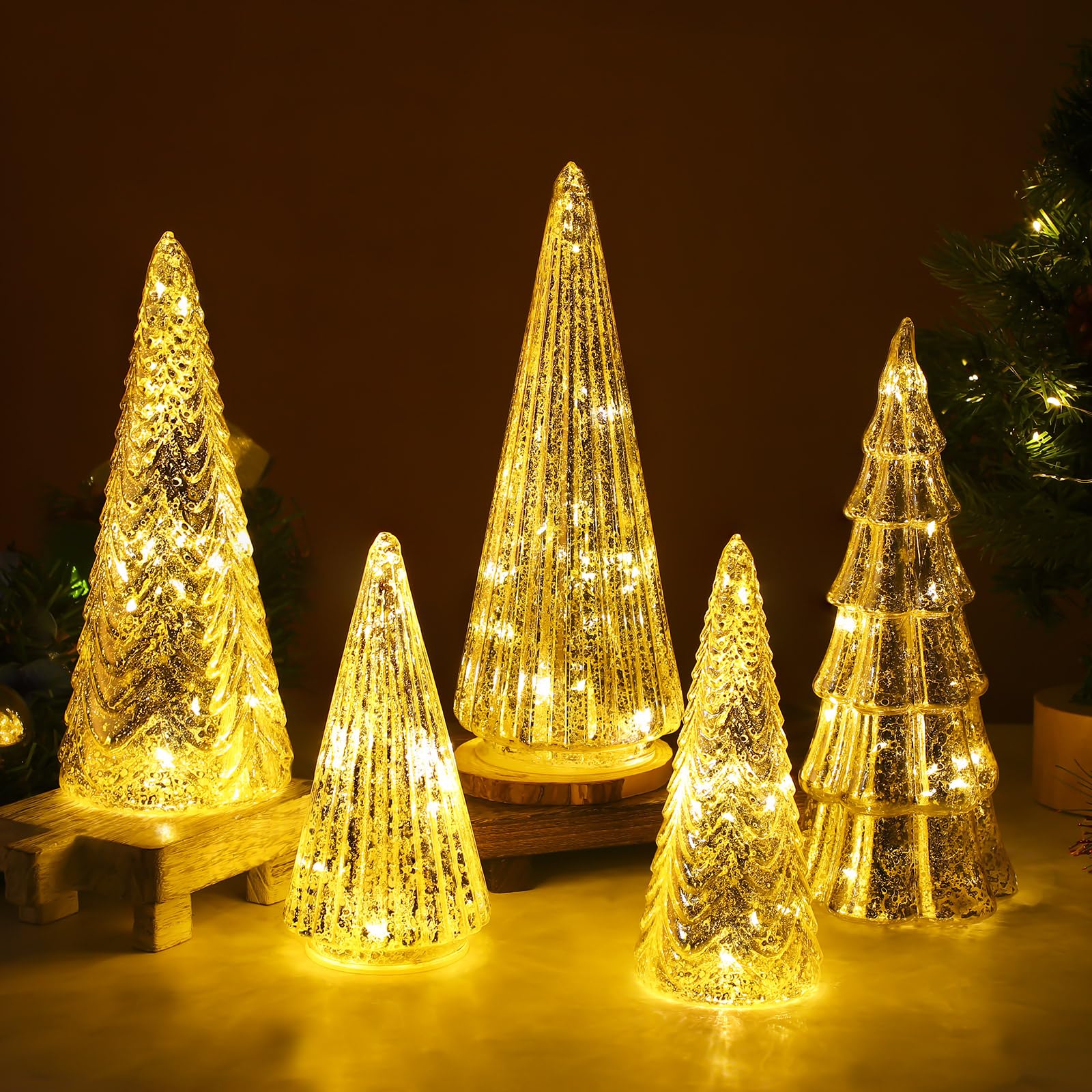 Amazon.com: Geetery 5 Pcs Lighted Mercury Glass Christmas Tree Figurine ...